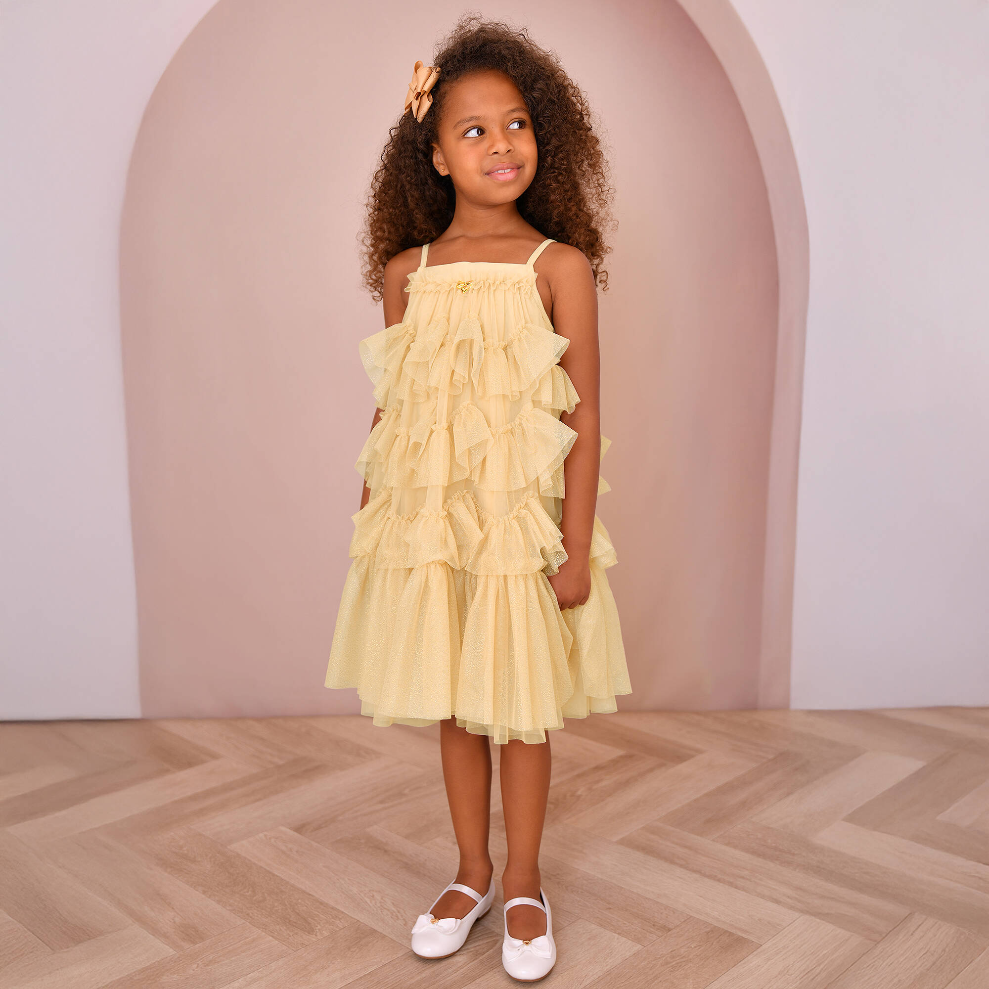 Angel's Face - Girls Glittery Gold Ruffled Tulle Dress | Childrensalon