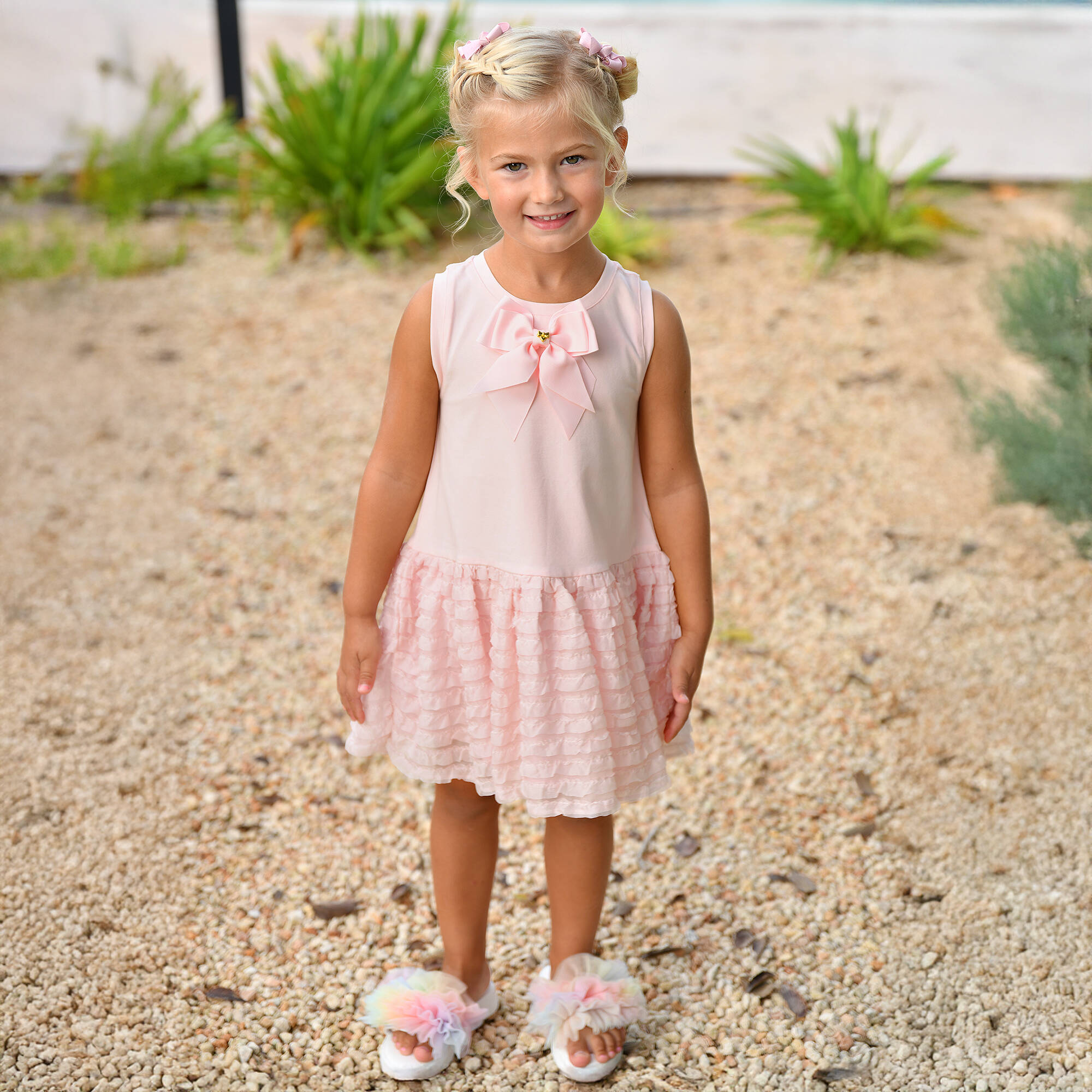 Angel's Face - Girls Pale Pink Jersey & Chiffon Ruffle Dress with Logo ...