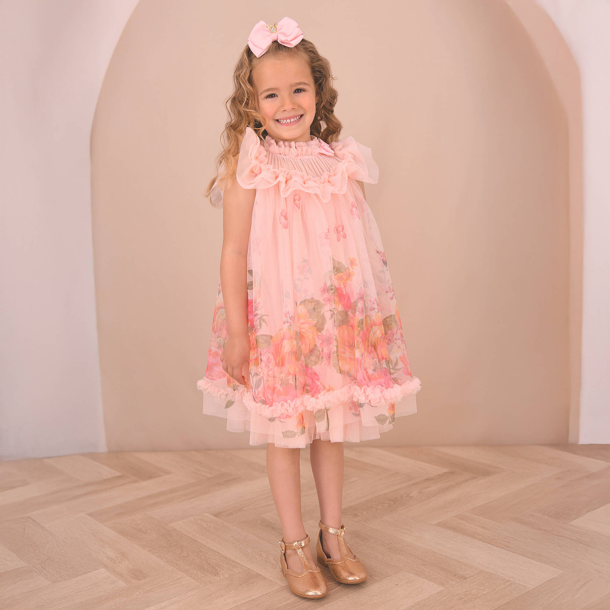Angel's Face - Girls Pink Ruffle Tulle Dress with Floral Border ...