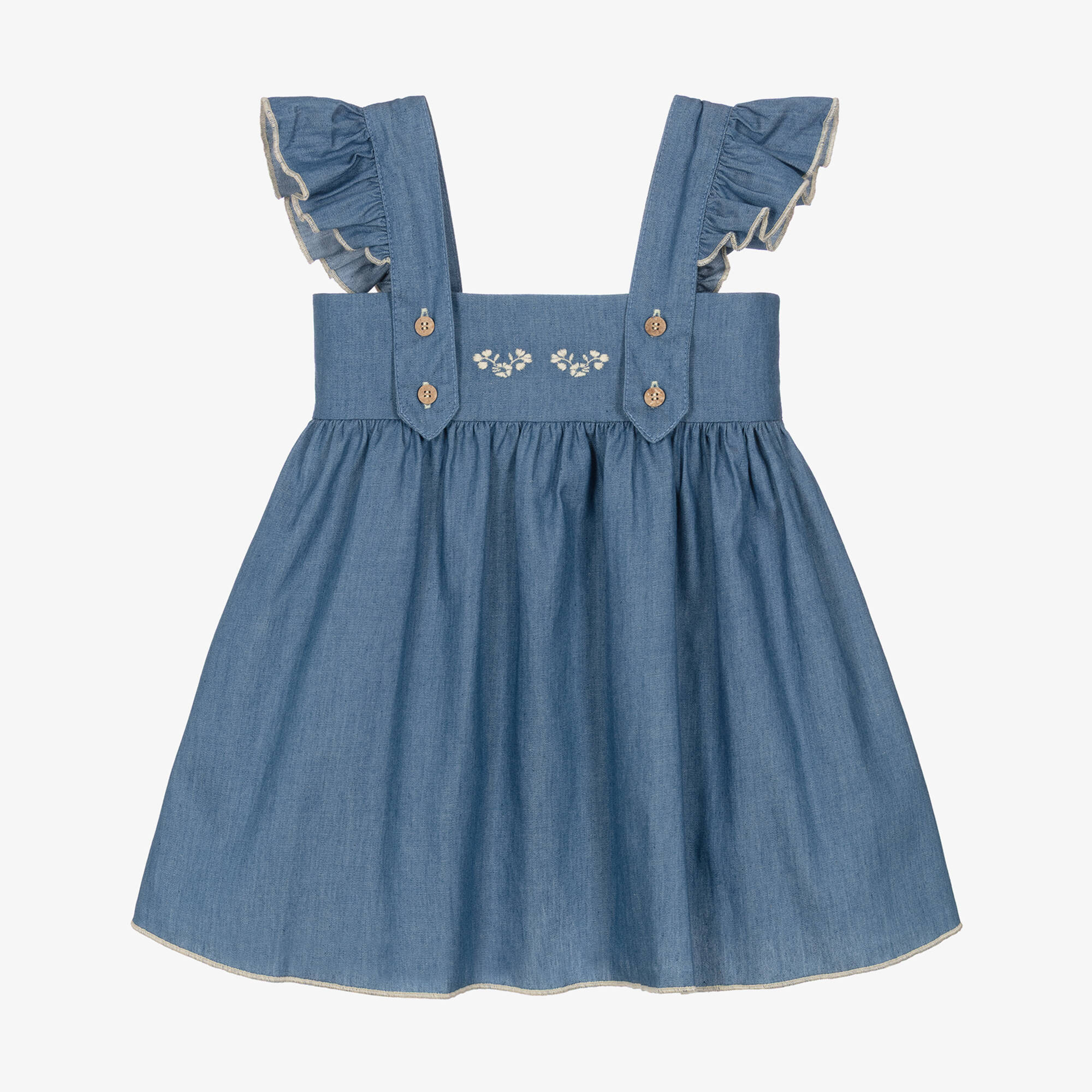 Babidu - Girls Blue Cotton Chambray Dress with Floral Embroidery ...