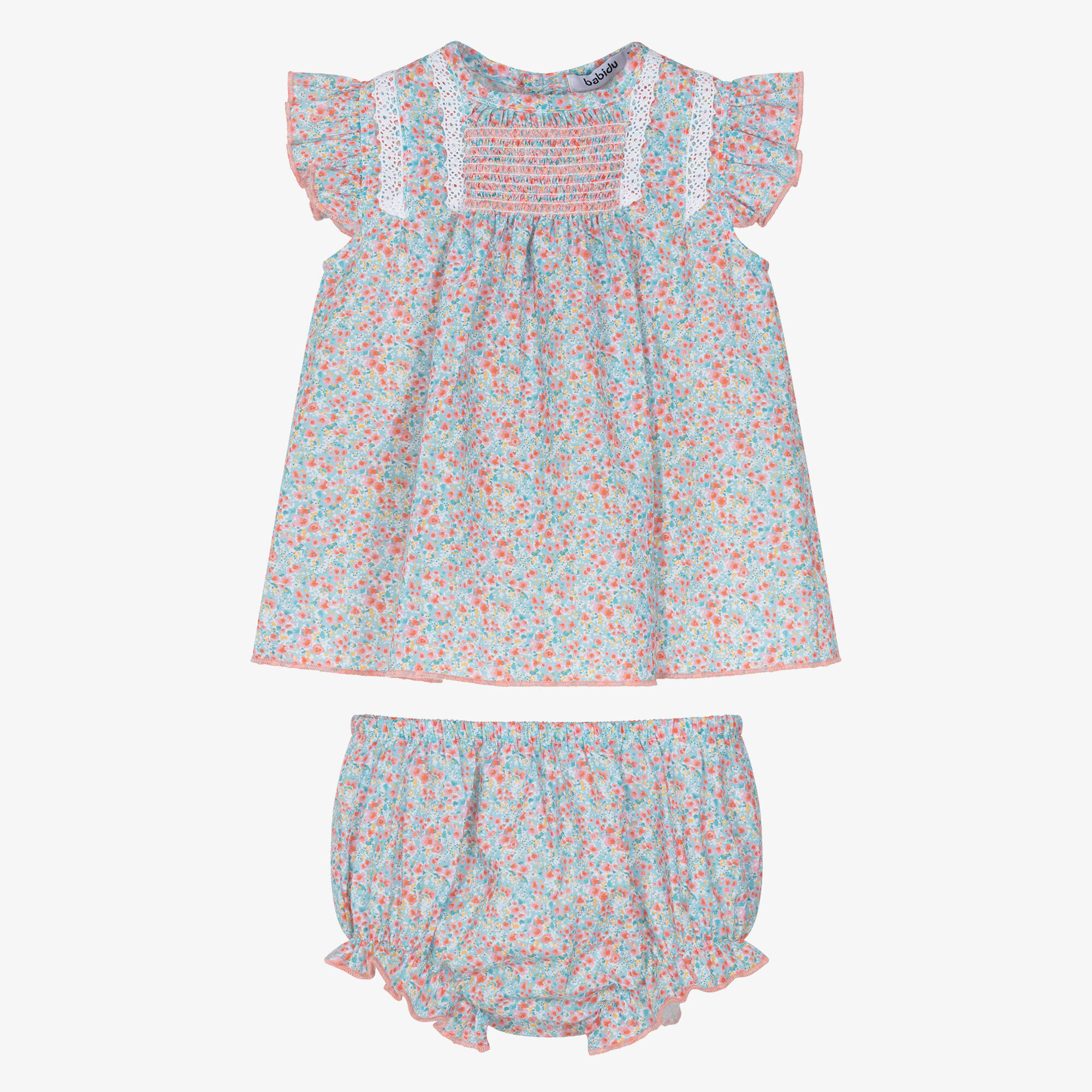 Babidu - Girls Blue & Pink Floral Print Cotton Dress | Childrensalon