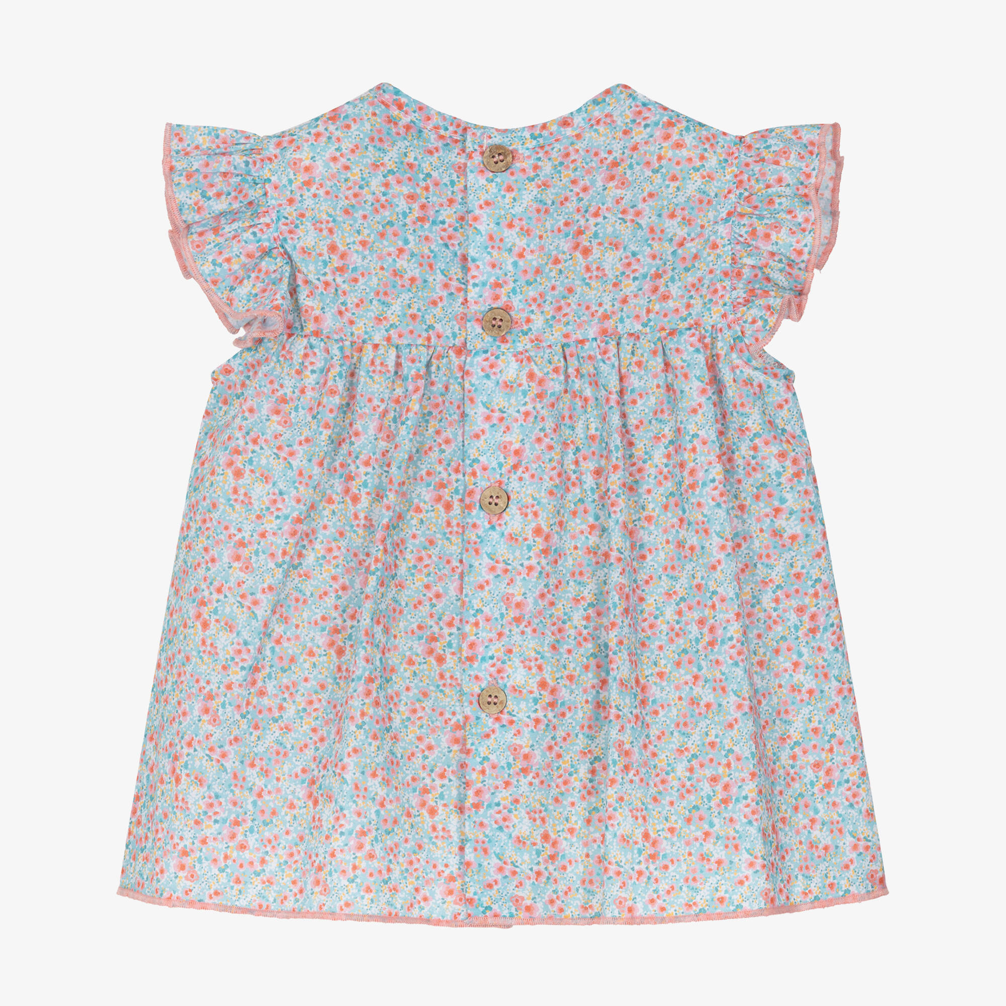 Babidu - Girls Blue & Pink Floral Print Cotton Dress | Childrensalon