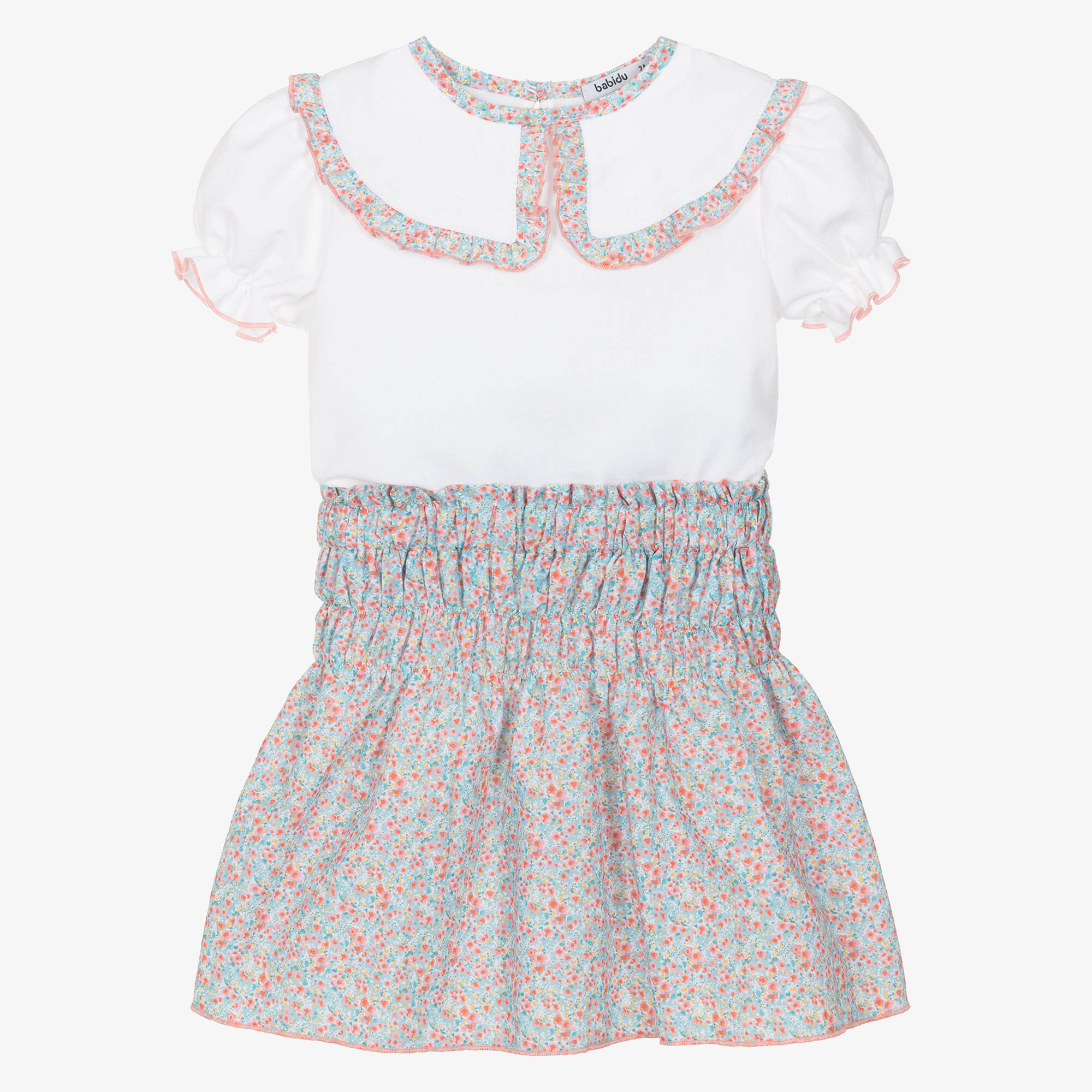 Babidu - Girls White & Blue Floral Cotton Skirt Set | Childrensalon