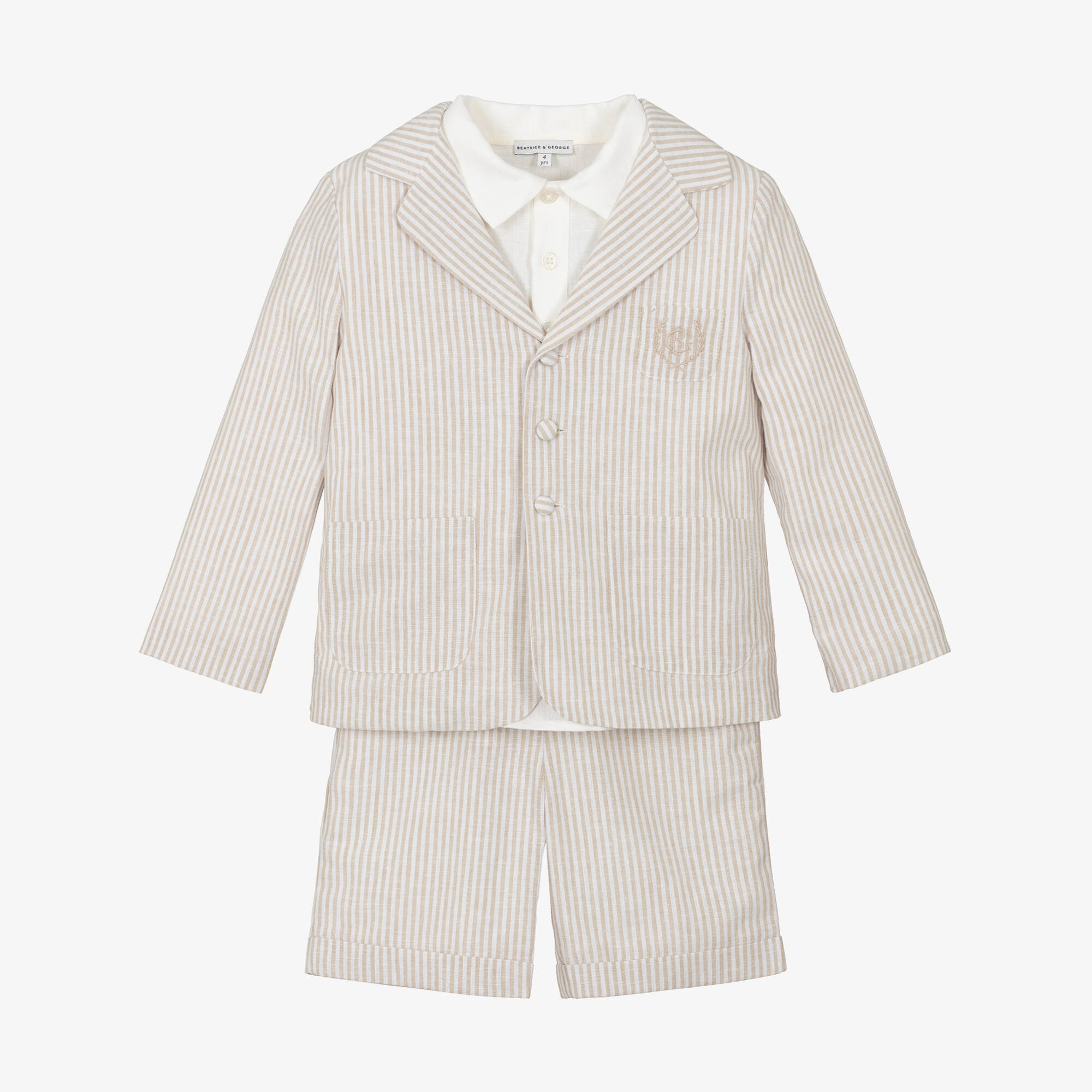 Beatrice & George - Boys Beige Striped Linen & Cotton Shorts Suit ...