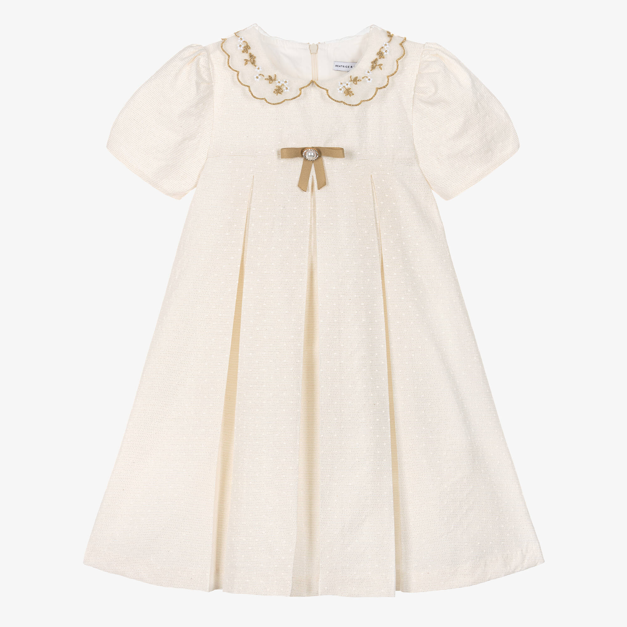 Beatrice & George - Girls Ivory & Gold Dress with Embroidered Collar ...
