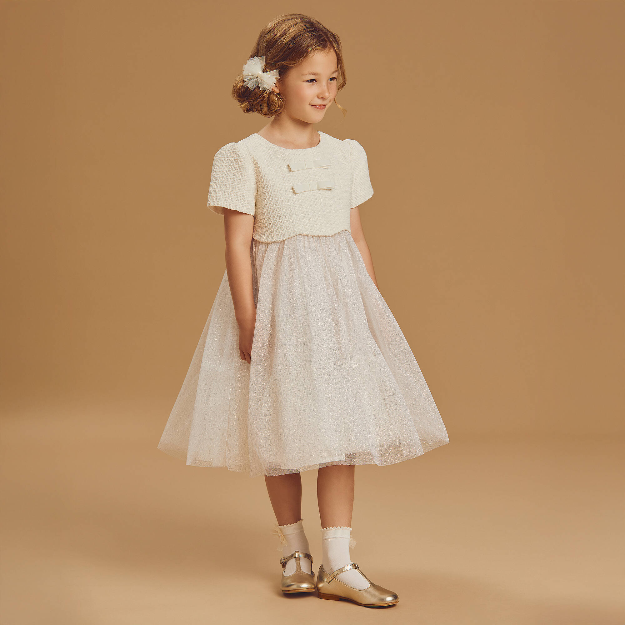 Beatrice & George - Girls Ivory Tweed & Glittery Tulle Dress ...