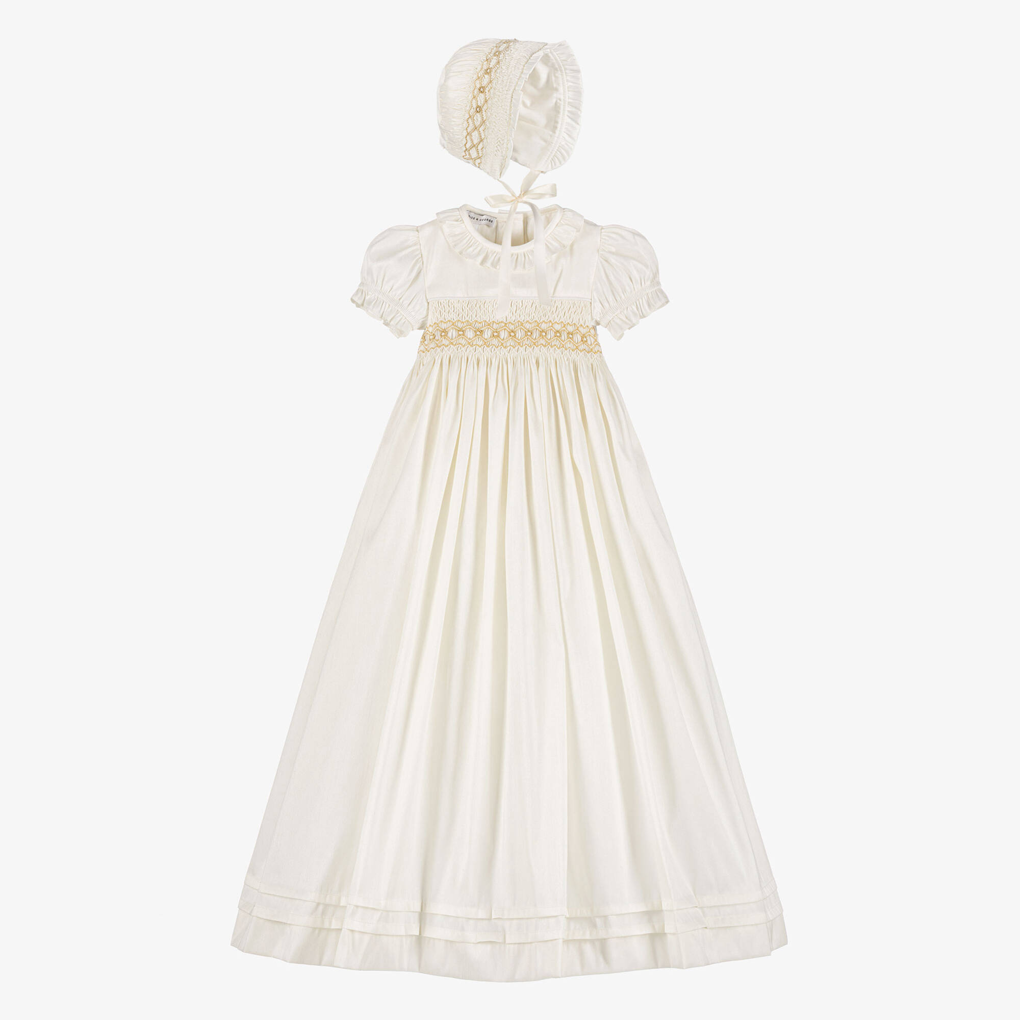 Beatrice & George - Ivory Hand-Smocked Dupion Ceremony Gown & Bonnet ...