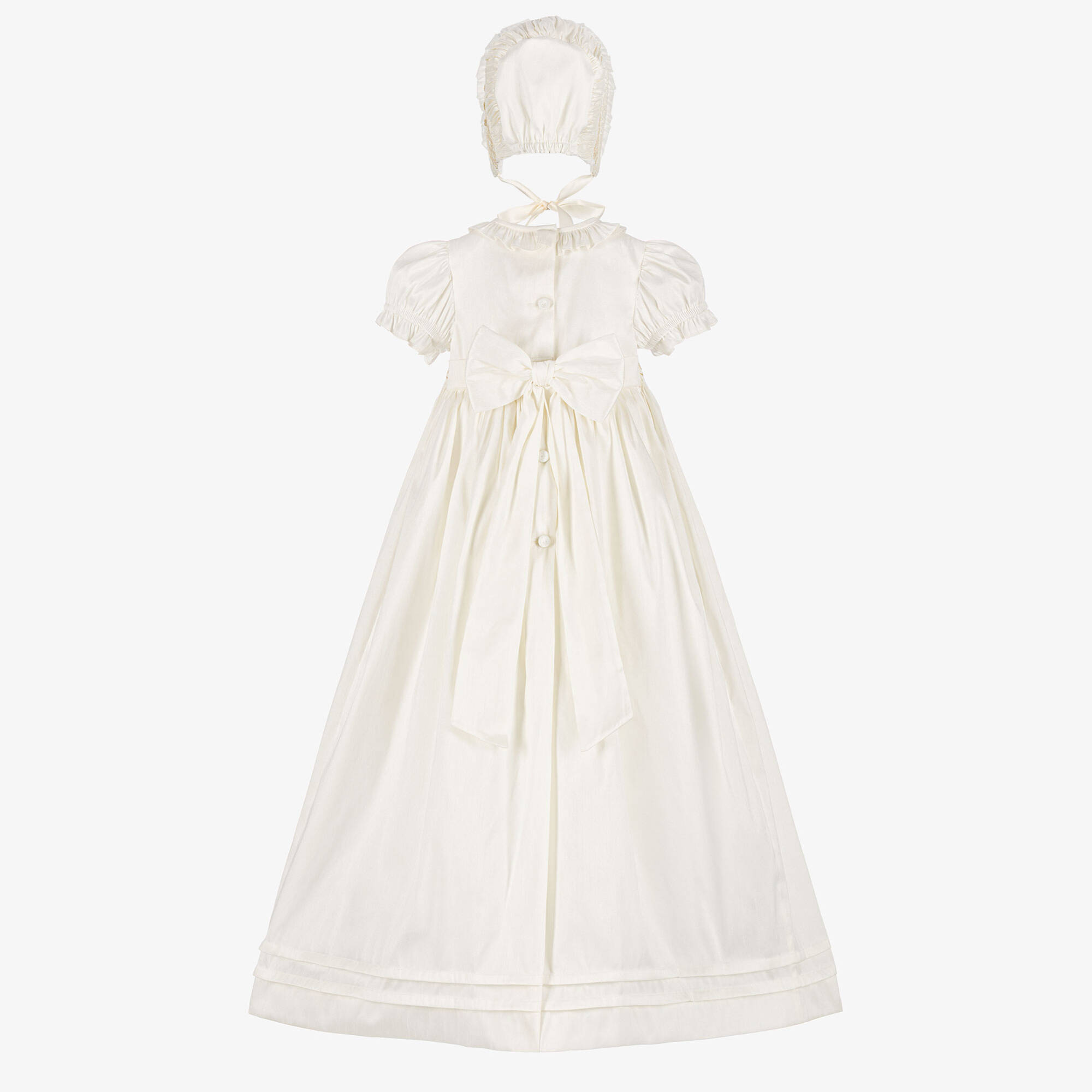 Beatrice & George - Ivory Hand-Smocked Dupion Ceremony Gown & Bonnet ...