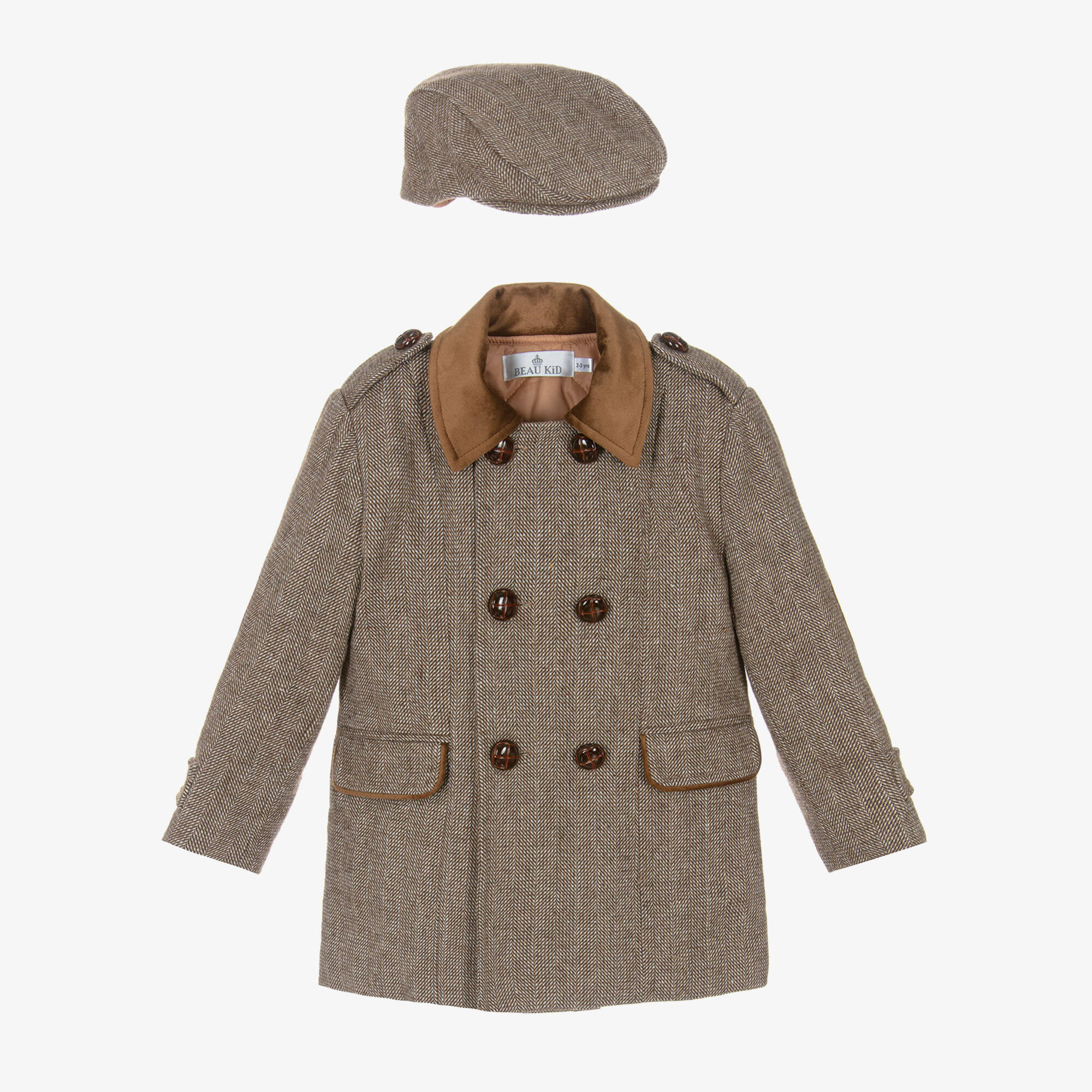 Beau KiD - Boys Brown Houndstooth Coat & Hat Set | Childrensalon
