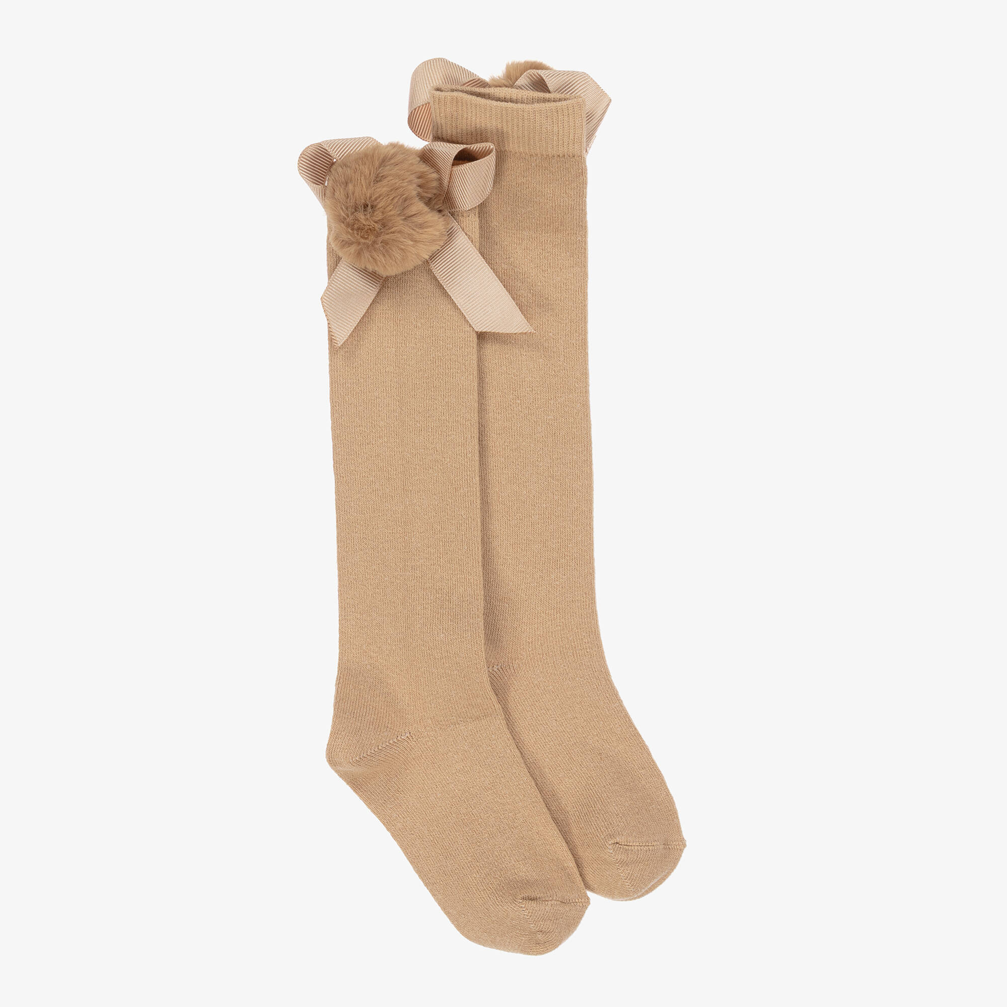 Beau KiD - Girls Beige Knee-Length Socks with Pom-Pom & Bow | Childrensalon