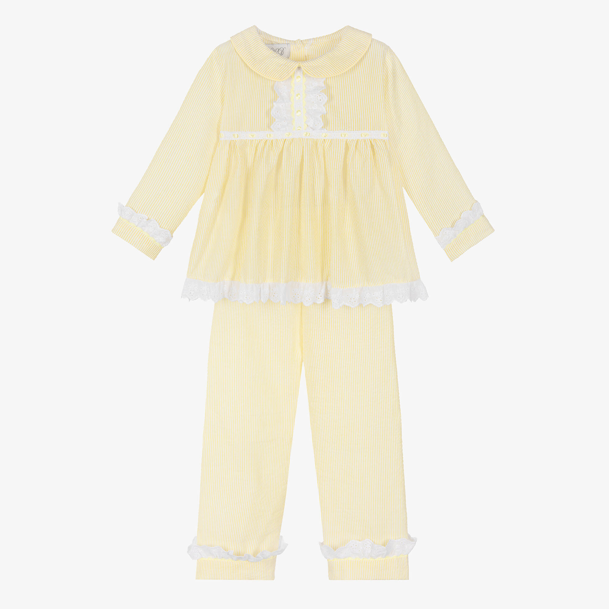 Beau KiD - Girls Yellow Seersucker Pyjamas with Lace Trims | Childrensalon