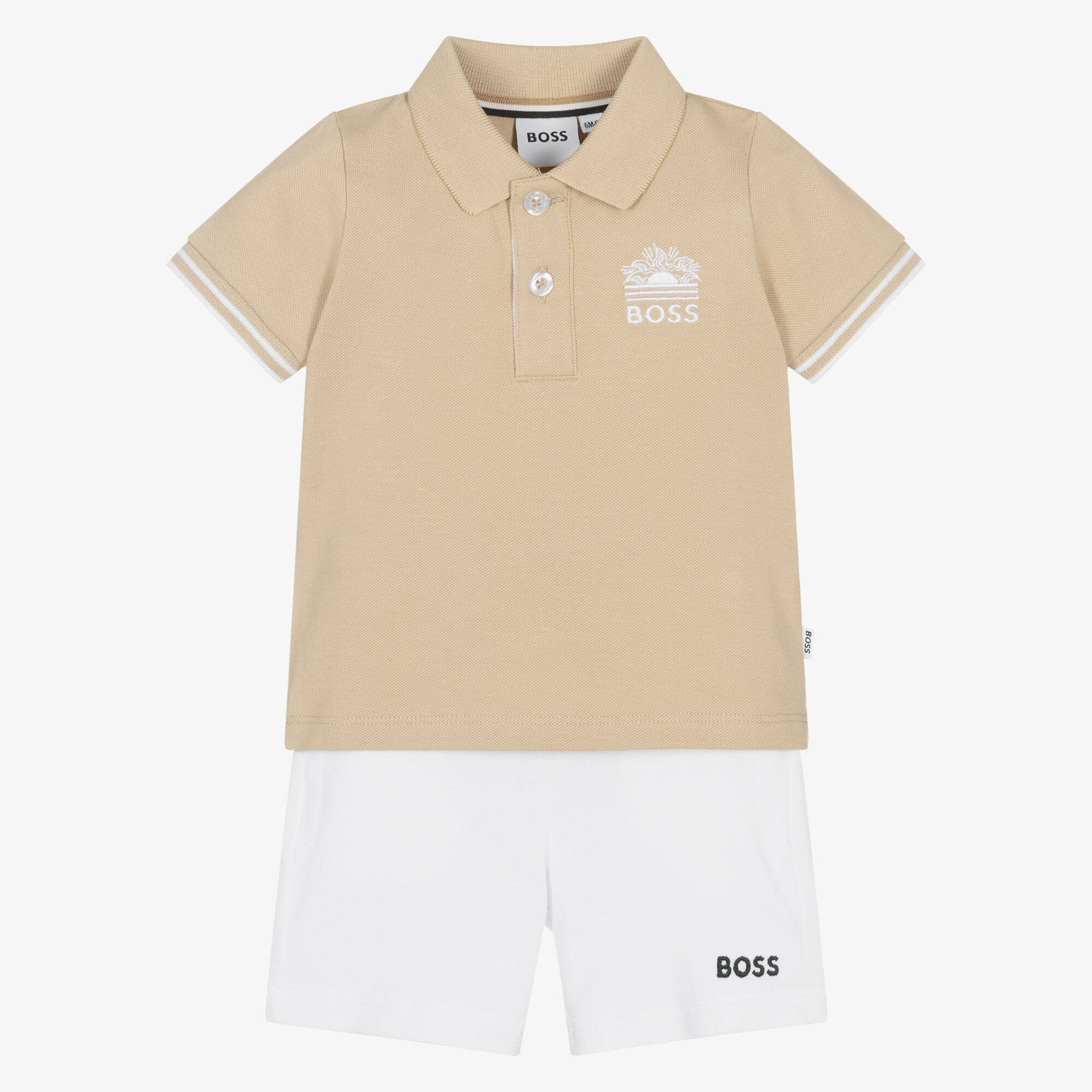 BOSS - Boys White & Beige Cotton Piqué Shorts Set with Logos ...