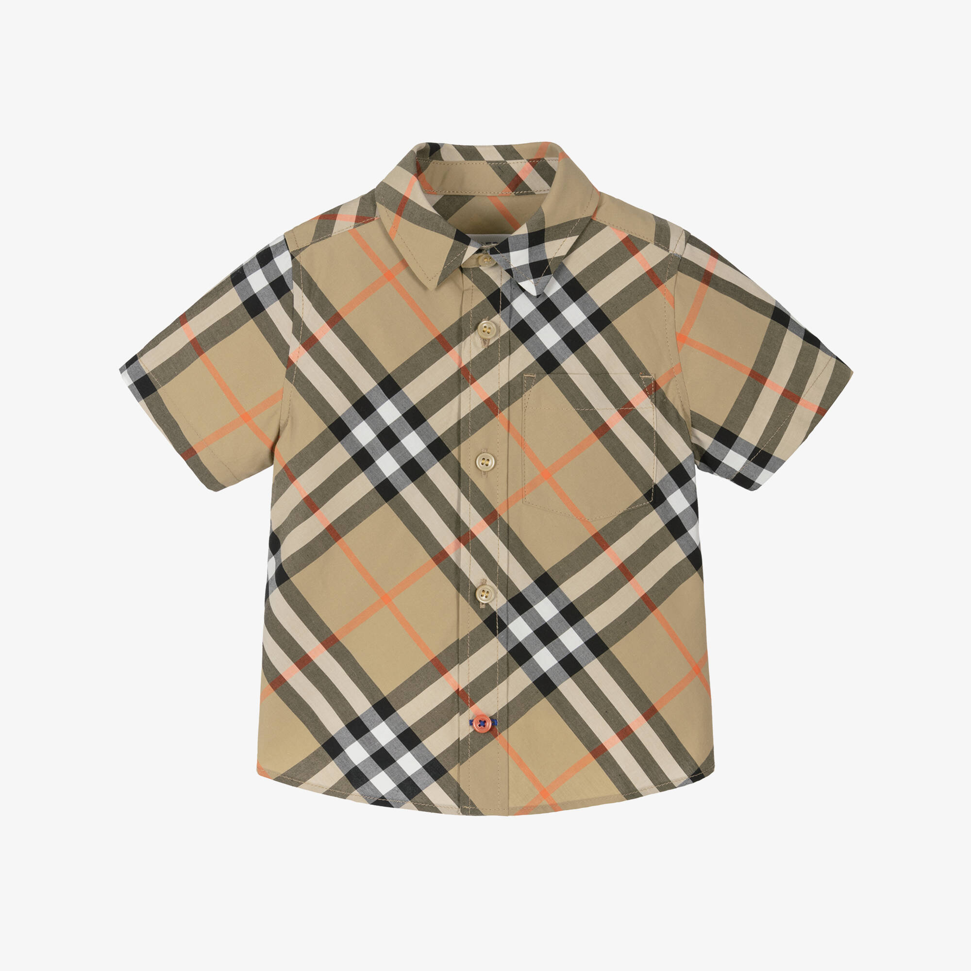 Burberry - Baby Boys Beige Check Cotton Short-Sleeved Shirt | Childrensalon
