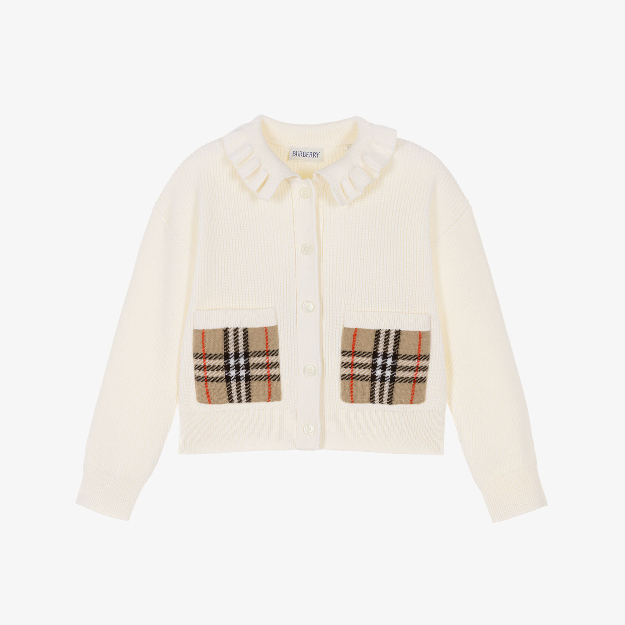 Burberry - Girls Ivory Cotton & Wool Cardigan with Check Pockets ...