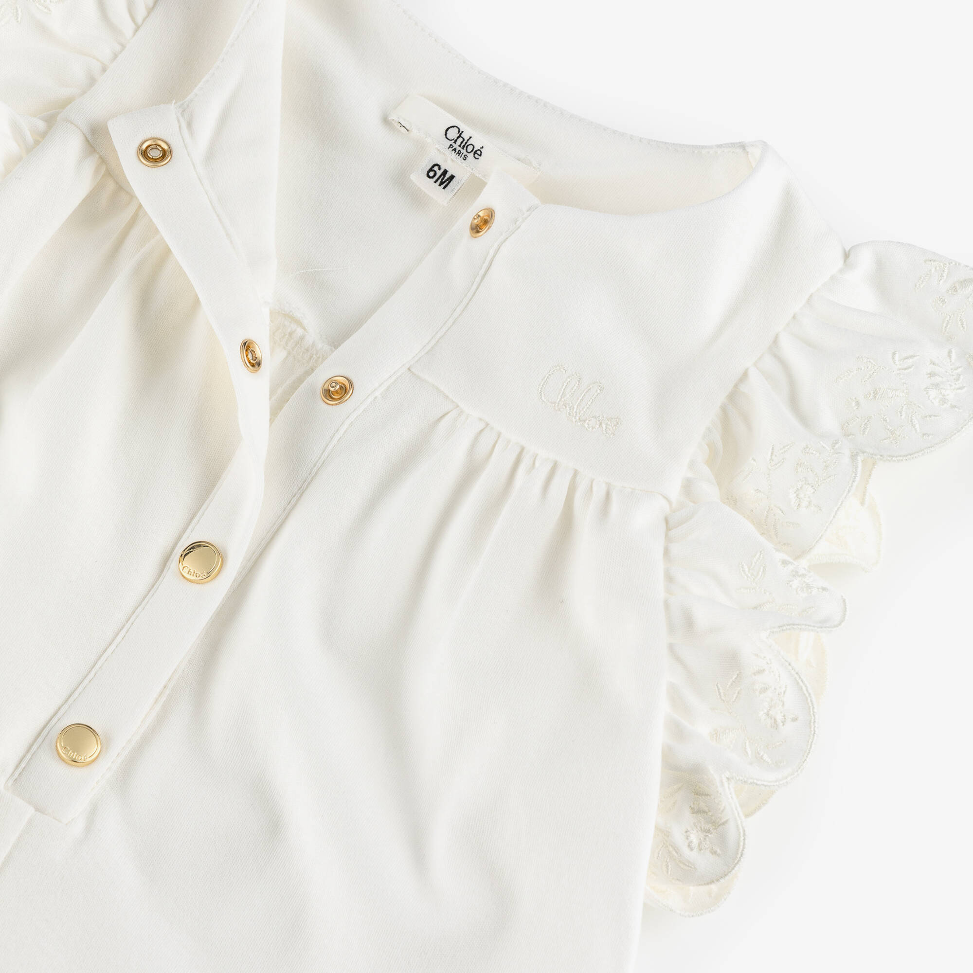 Chloé - Girls White Cotton Ruffle Sleeve Playsuit | Childrensalon