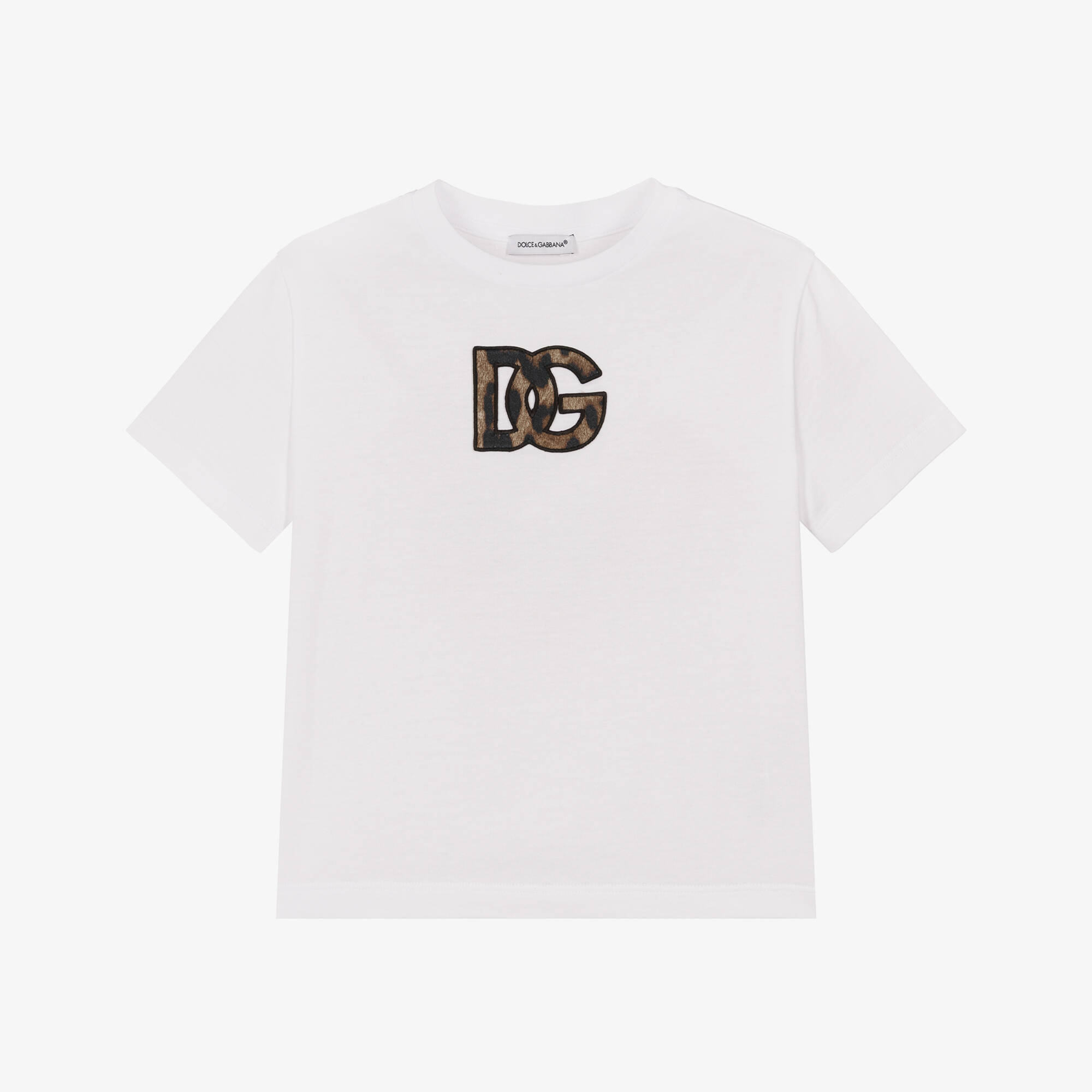 Dolce & Gabbana - Girls White Cotton T-Shirt with Leopard Print DG Logo ...