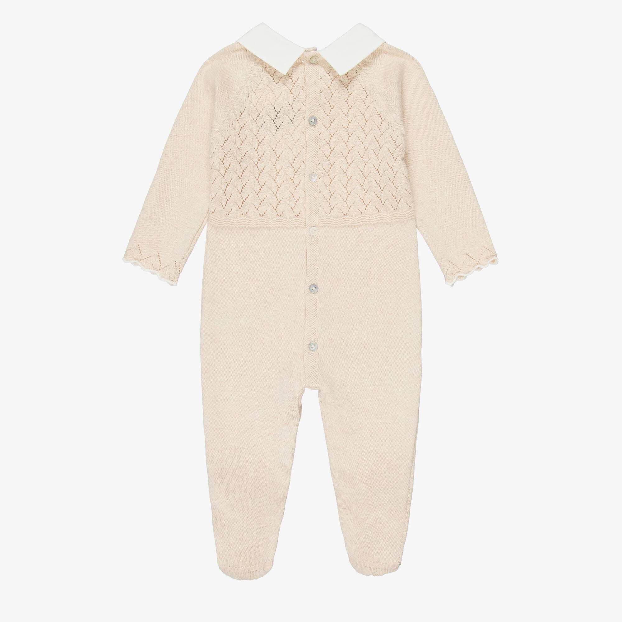 Dr. Kid - Boys Beige Cotton Knit Babygrow with Ivory Collar | Childrensalon