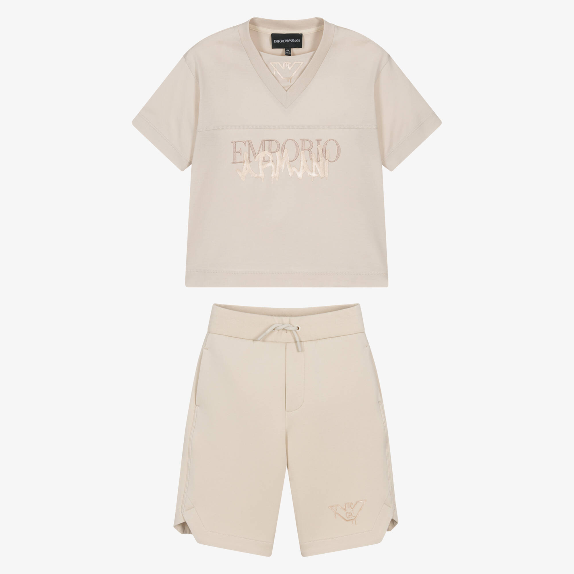 Emporio Armani - Boys Beige Jersey Shorts Set with Spray-Paint Logos ...
