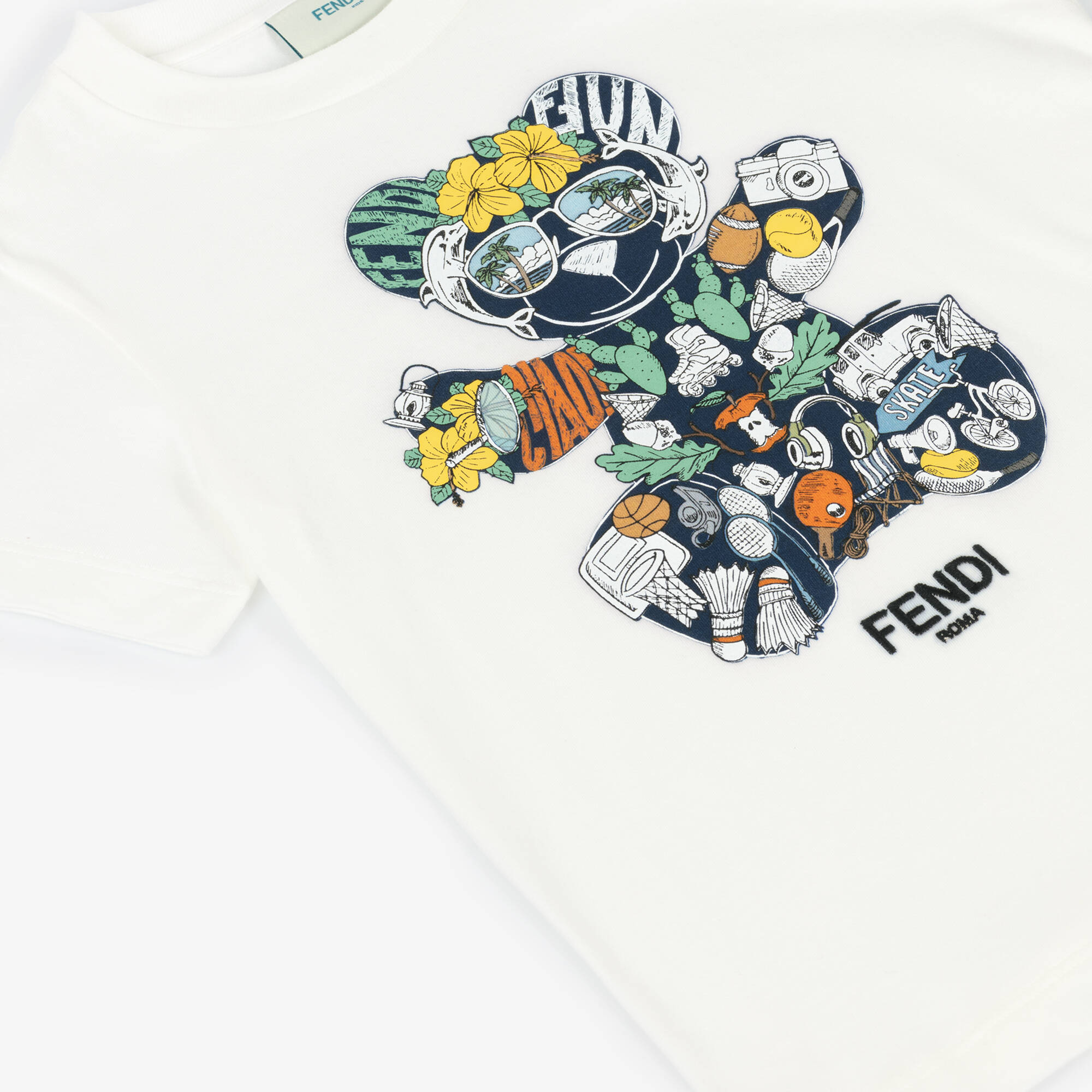 Fendi - Boys White Cotton Teddy Bear Motif T-Shirt | Childrensalon