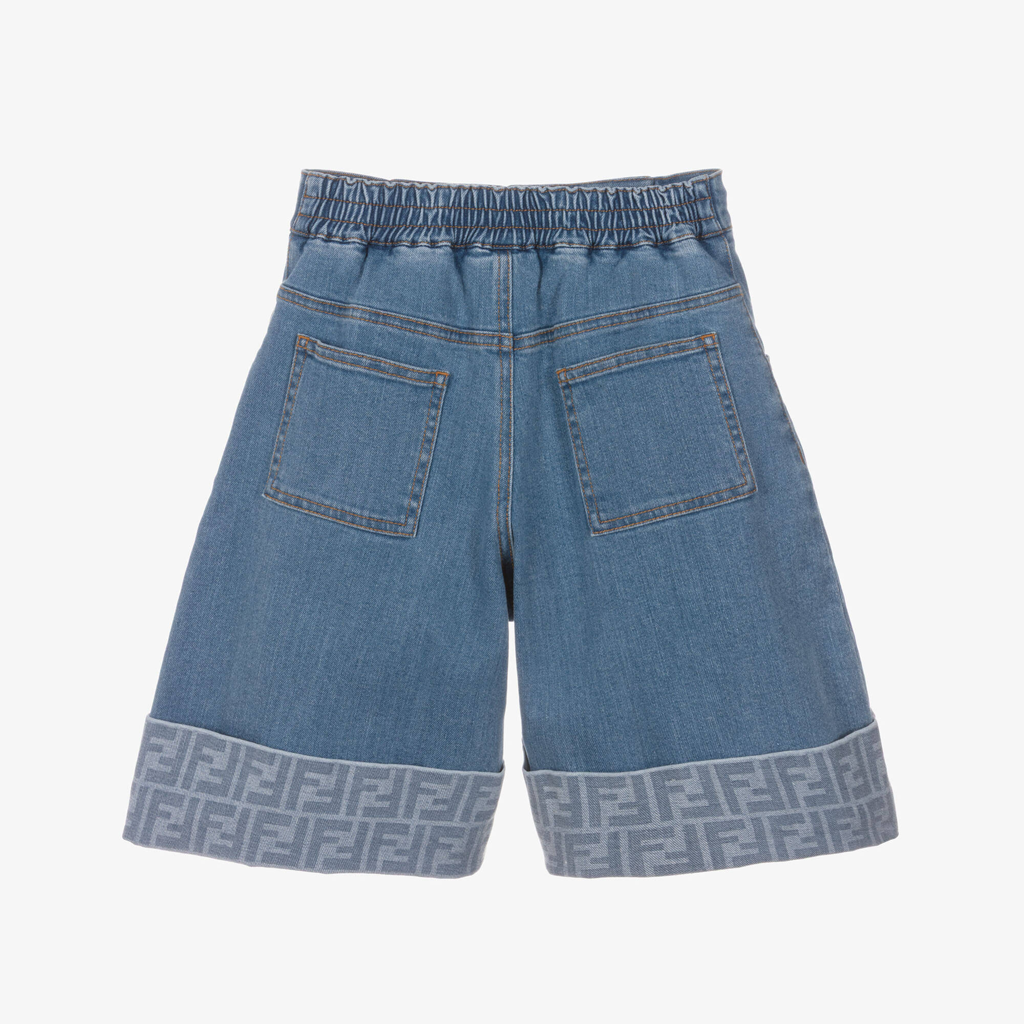 Fendi - Girls Blue Denim Shorts with FF Logo Turn Ups | Childrensalon