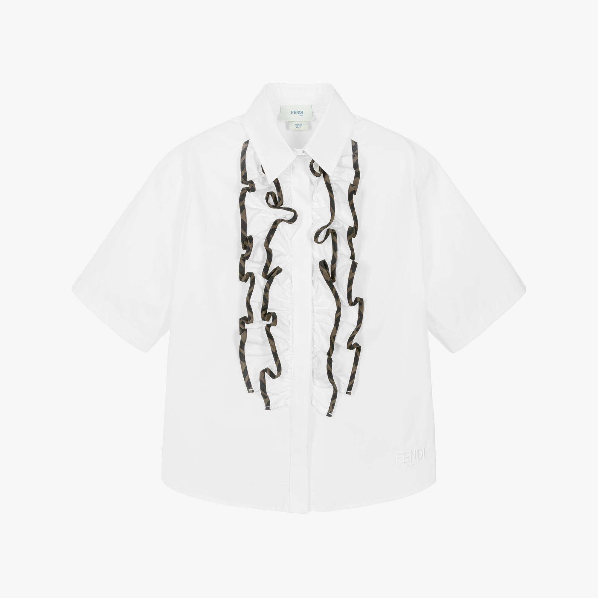 Fendi - Girls White Cotton Ruffle Blouse with FF Logo Trim | Childrensalon