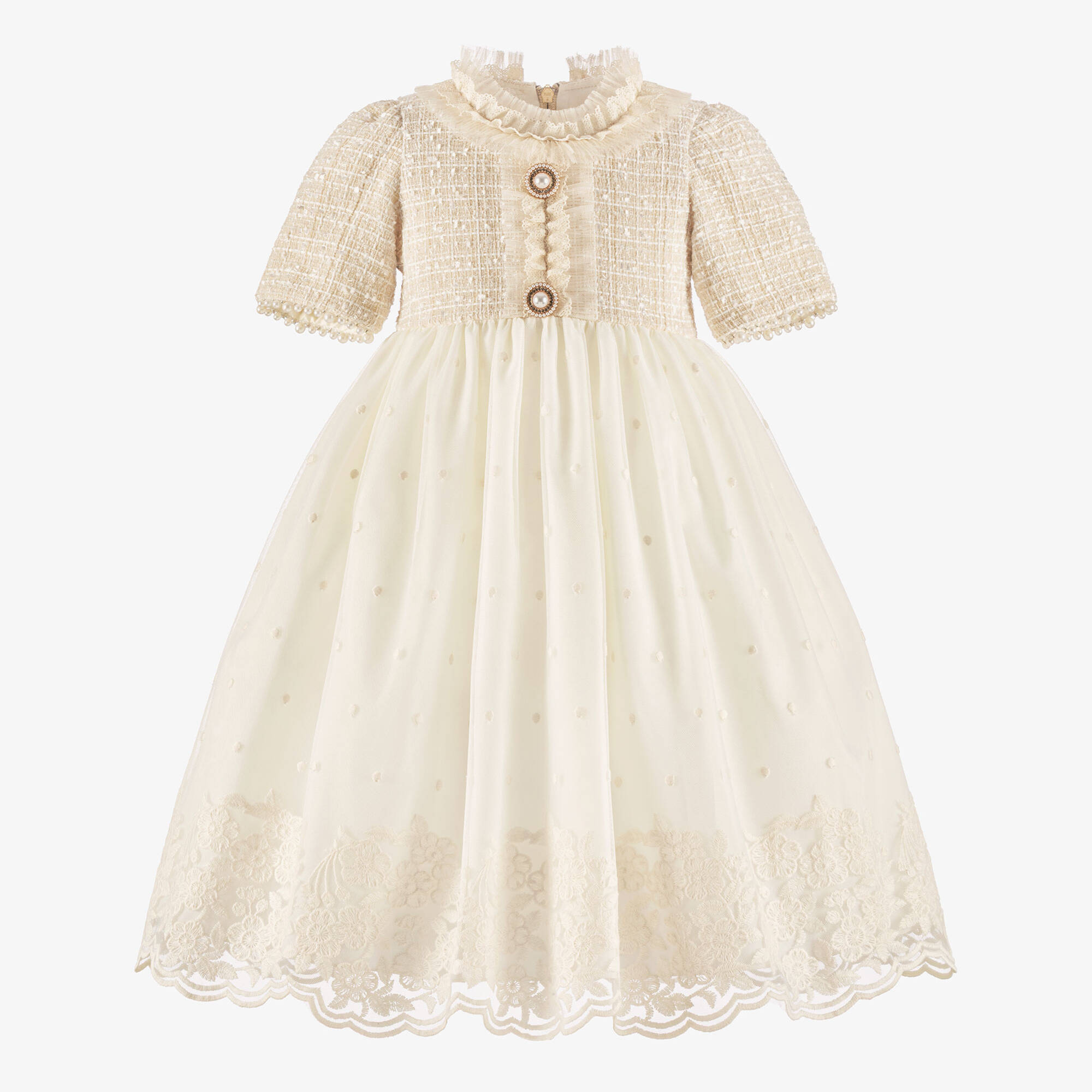 Graci - Girls Beige Tweed & Ivory Lace Dress | Childrensalon