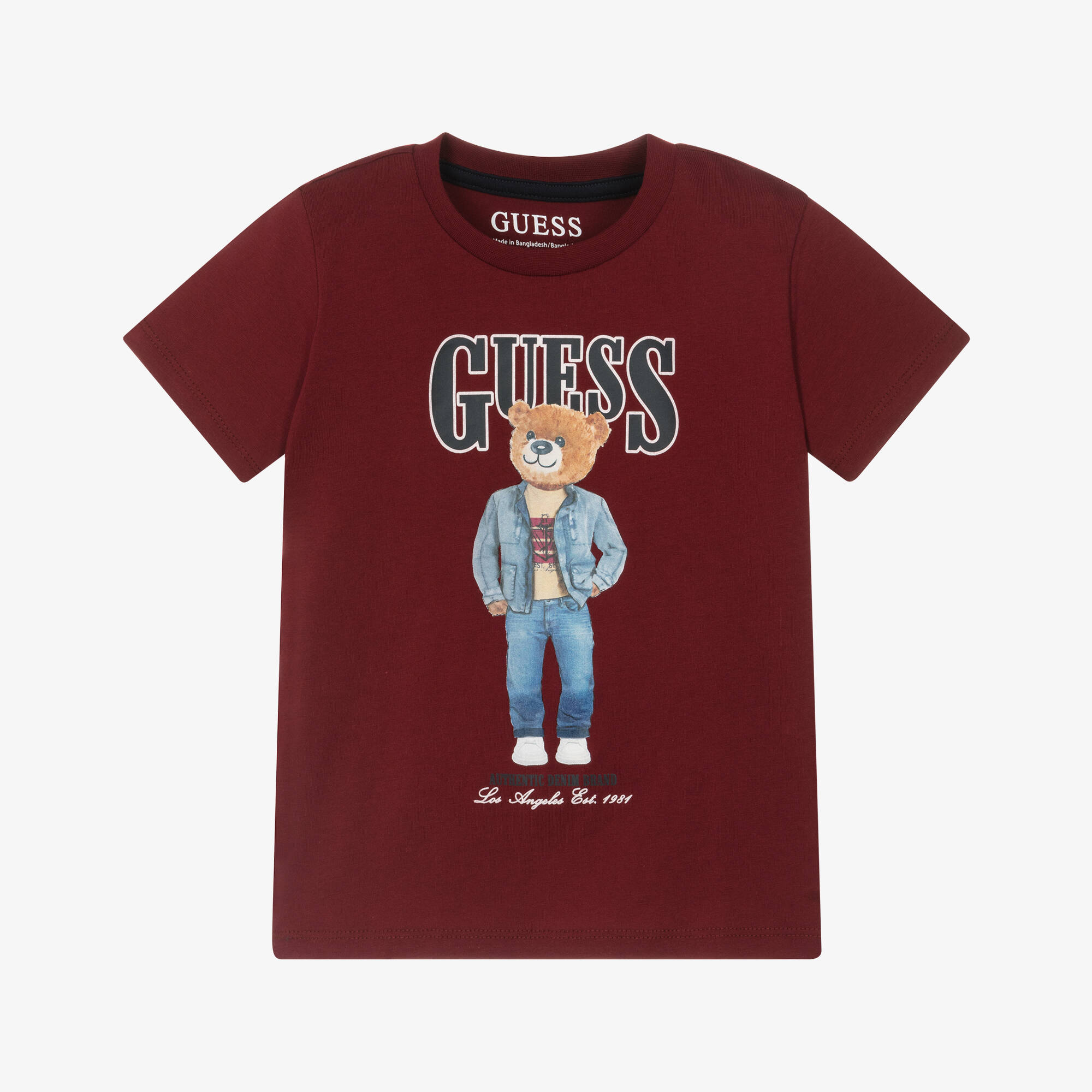 Guess - Boys Bear & Logo Print Burgundy Cotton T-Shirt | Childrensalon