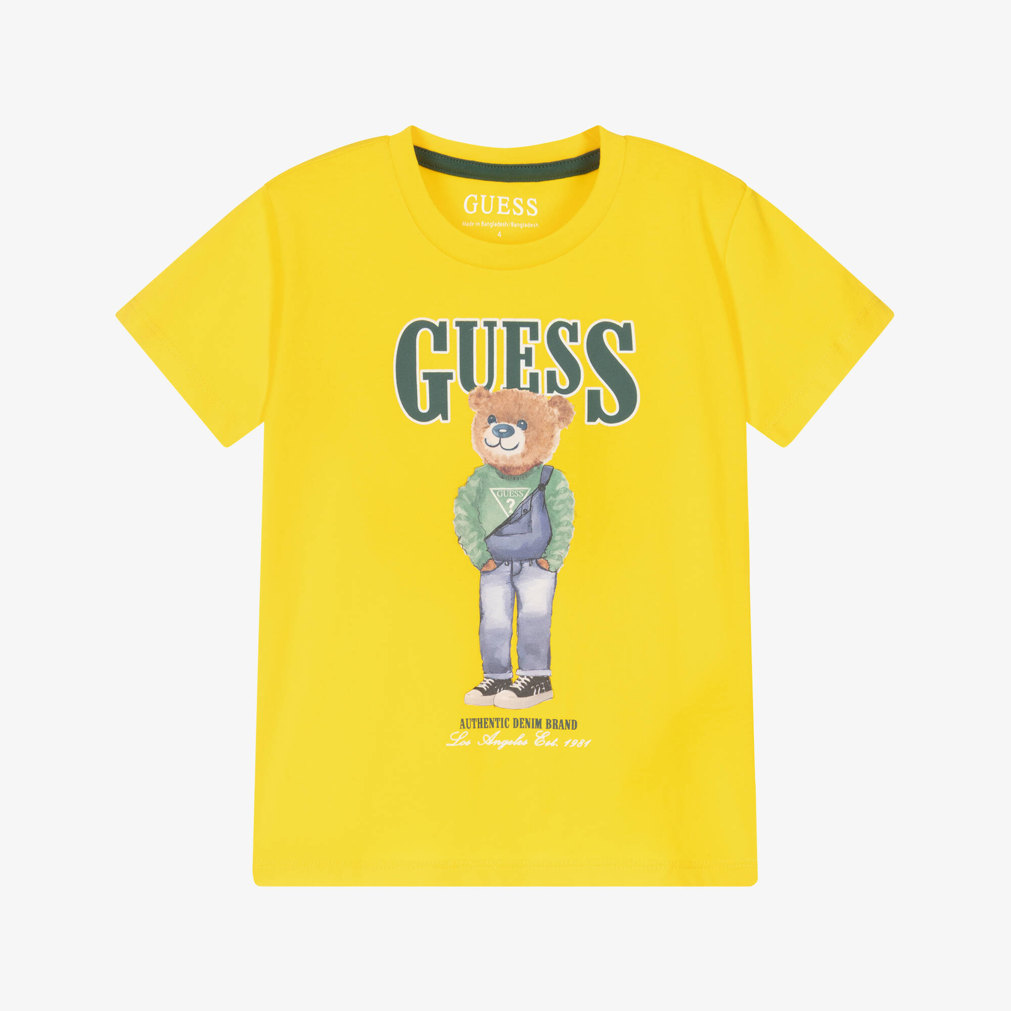 Guess - Boys Bear & Logo Print Yellow Cotton T-Shirt | Childrensalon