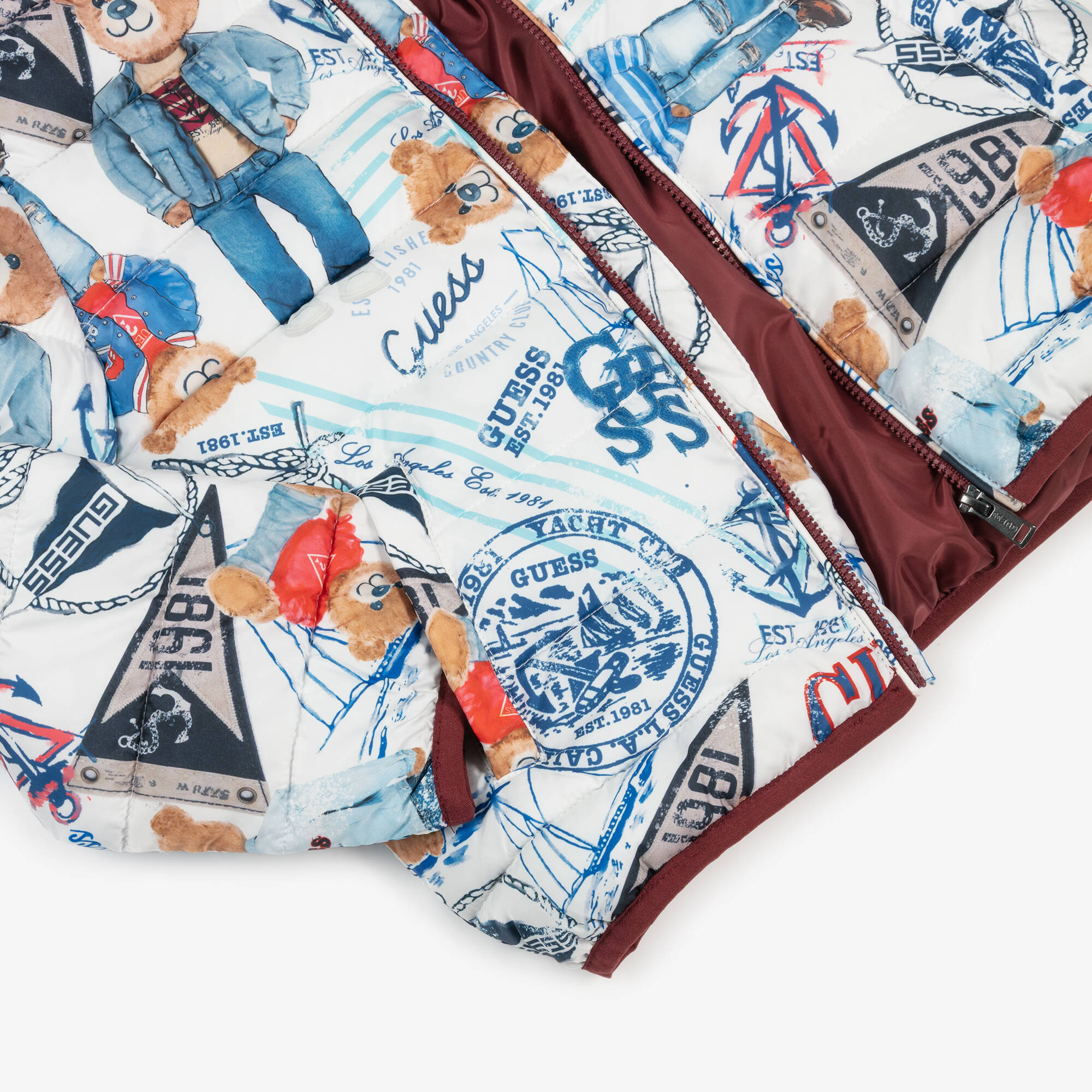 Guess - Boys White & Blue Teddy Bear Print Puffer Jacket | Childrensalon