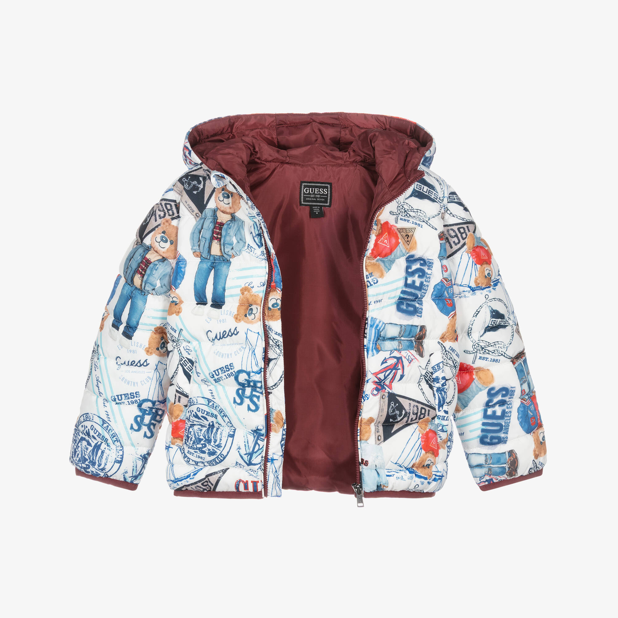 Guess - Boys White & Blue Teddy Bear Print Puffer Jacket | Childrensalon