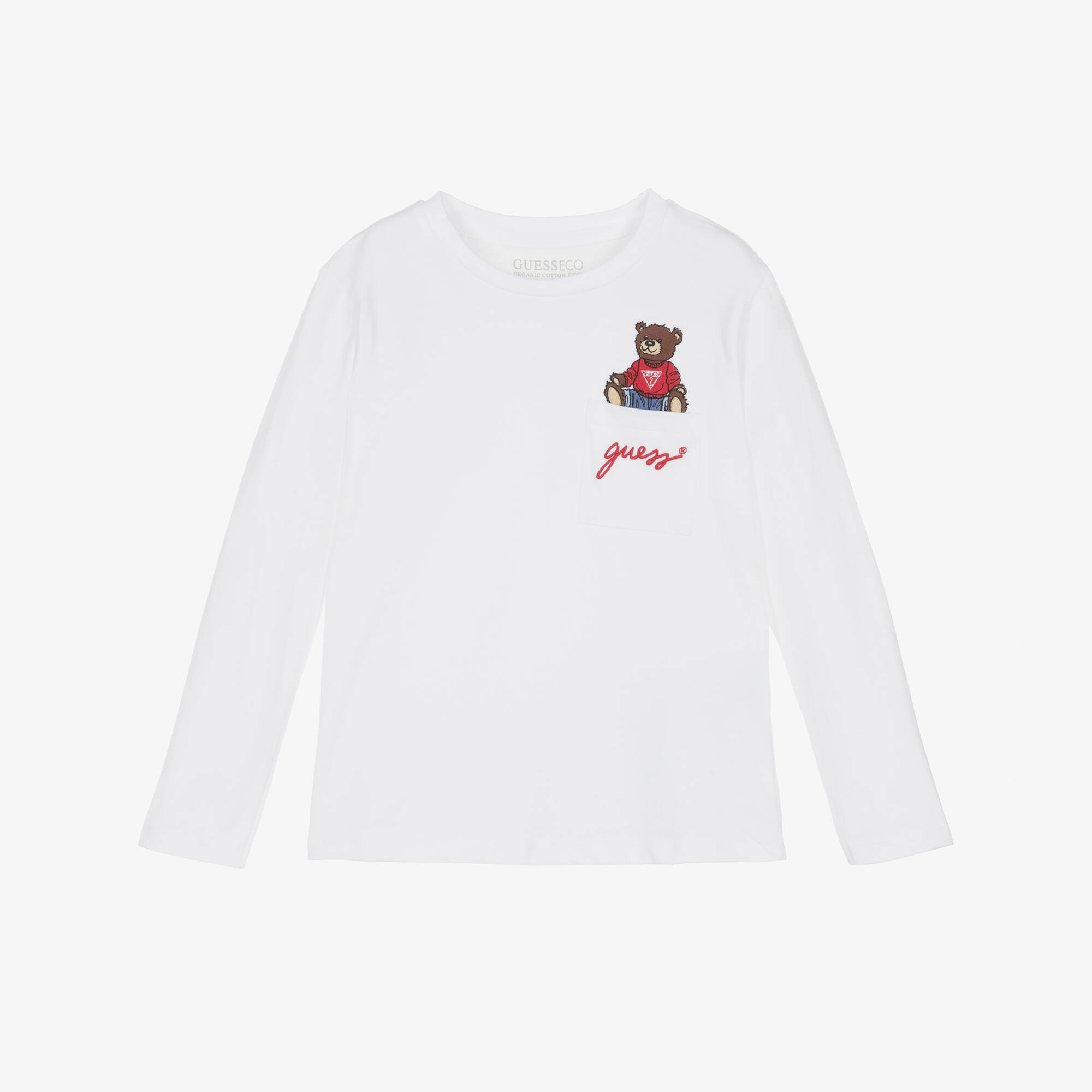 Guess - Boys White Cotton Long Sleeved Pocket Teddy Top | Childrensalon