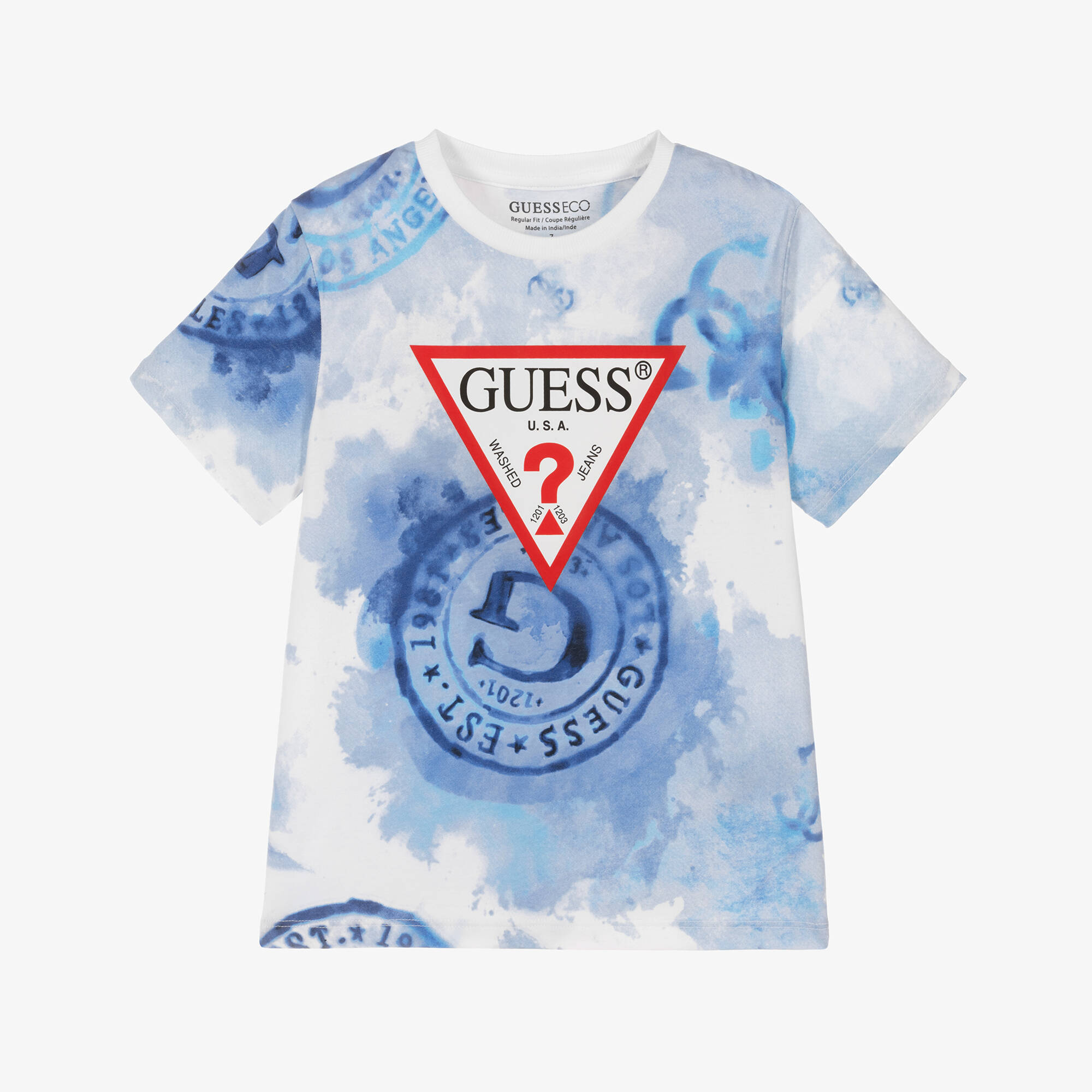 Guess - Older Boys Blue Cotton Logo Stamp T-Shirt | Childrensalon