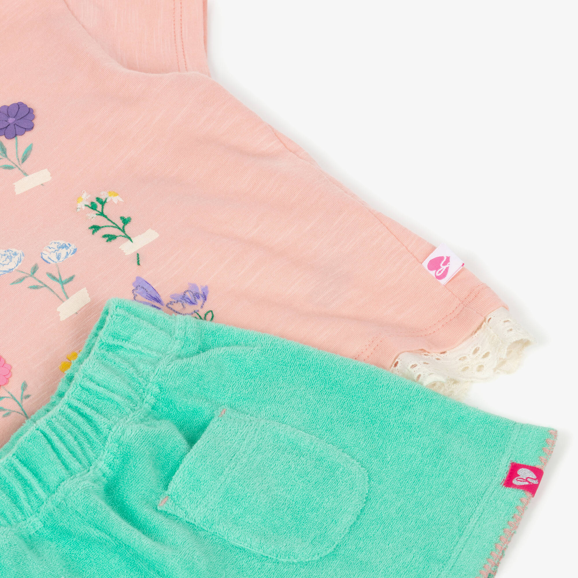 Hatley - Girls Pink Jersey Top & Green Towelling Shorts Set | Childrensalon
