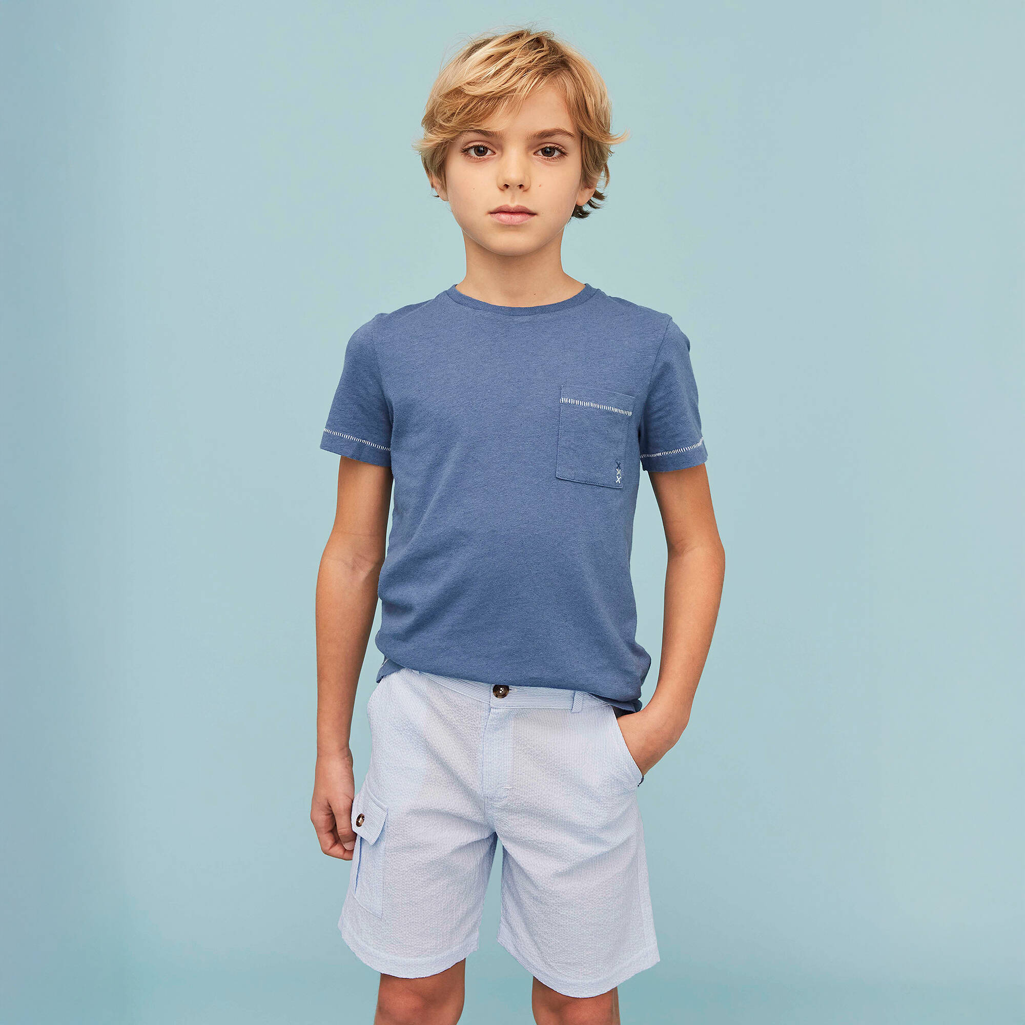 J&Josh - Boys Blue Cotton & Linen T-Shirt with Overstitching ...
