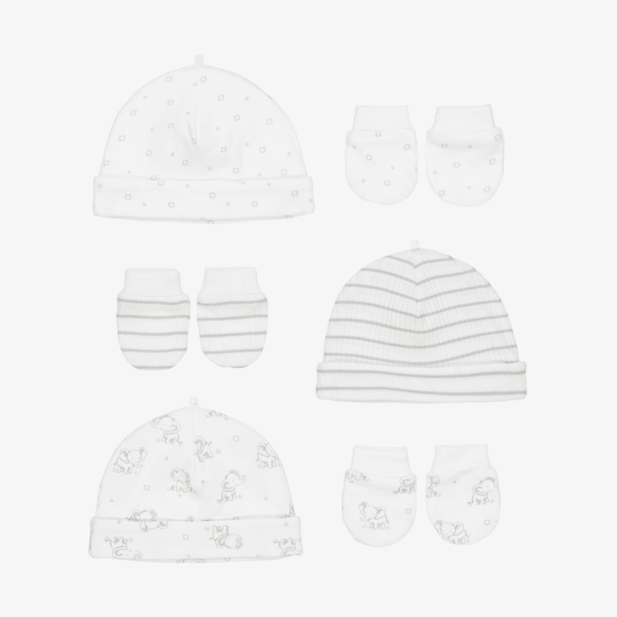Little Me - White & Grey Baby Elephant Cotton Hat & Mittens Set ...
