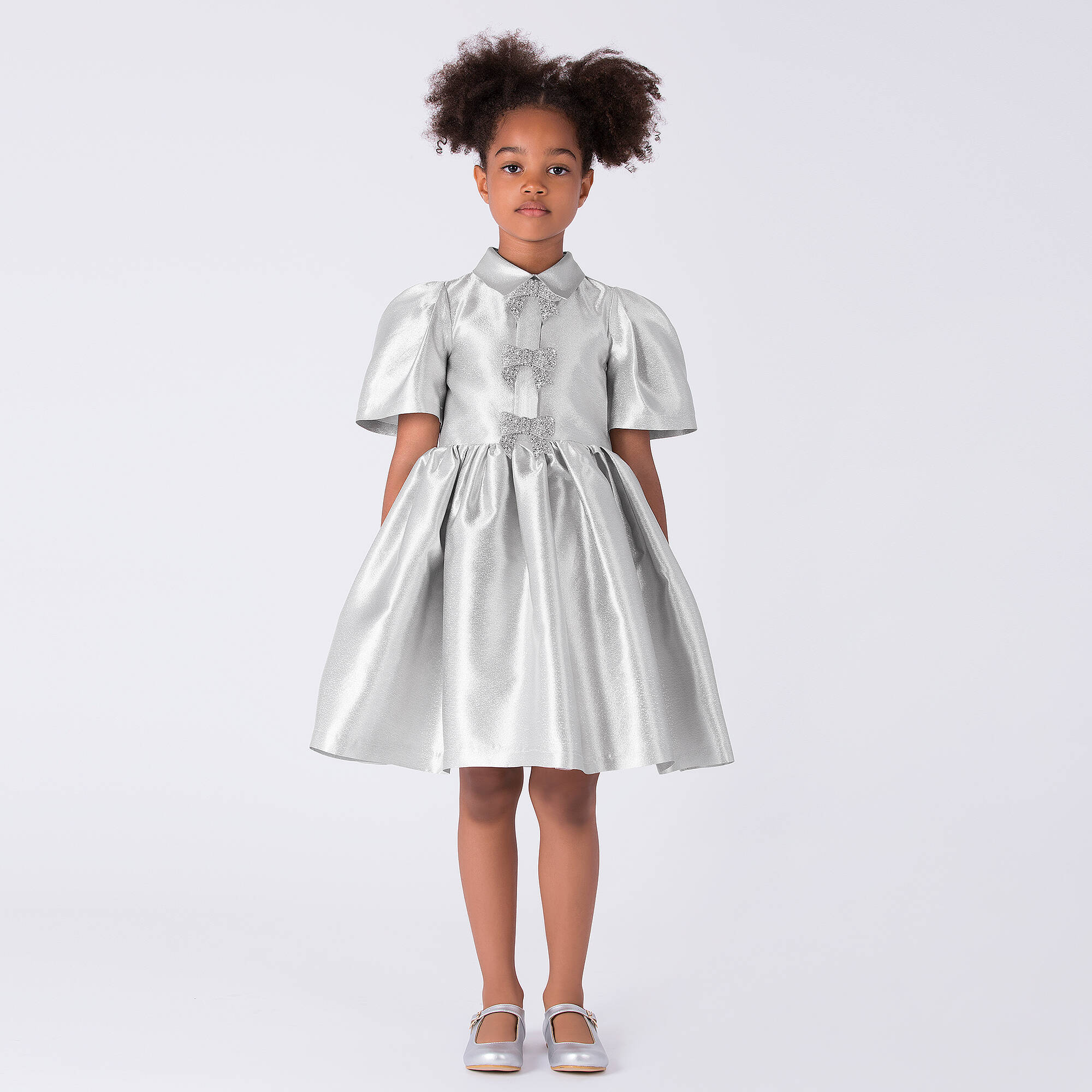 Mama Luma - Girls Metallic Silver Satin Dress with Glittery Bows ...