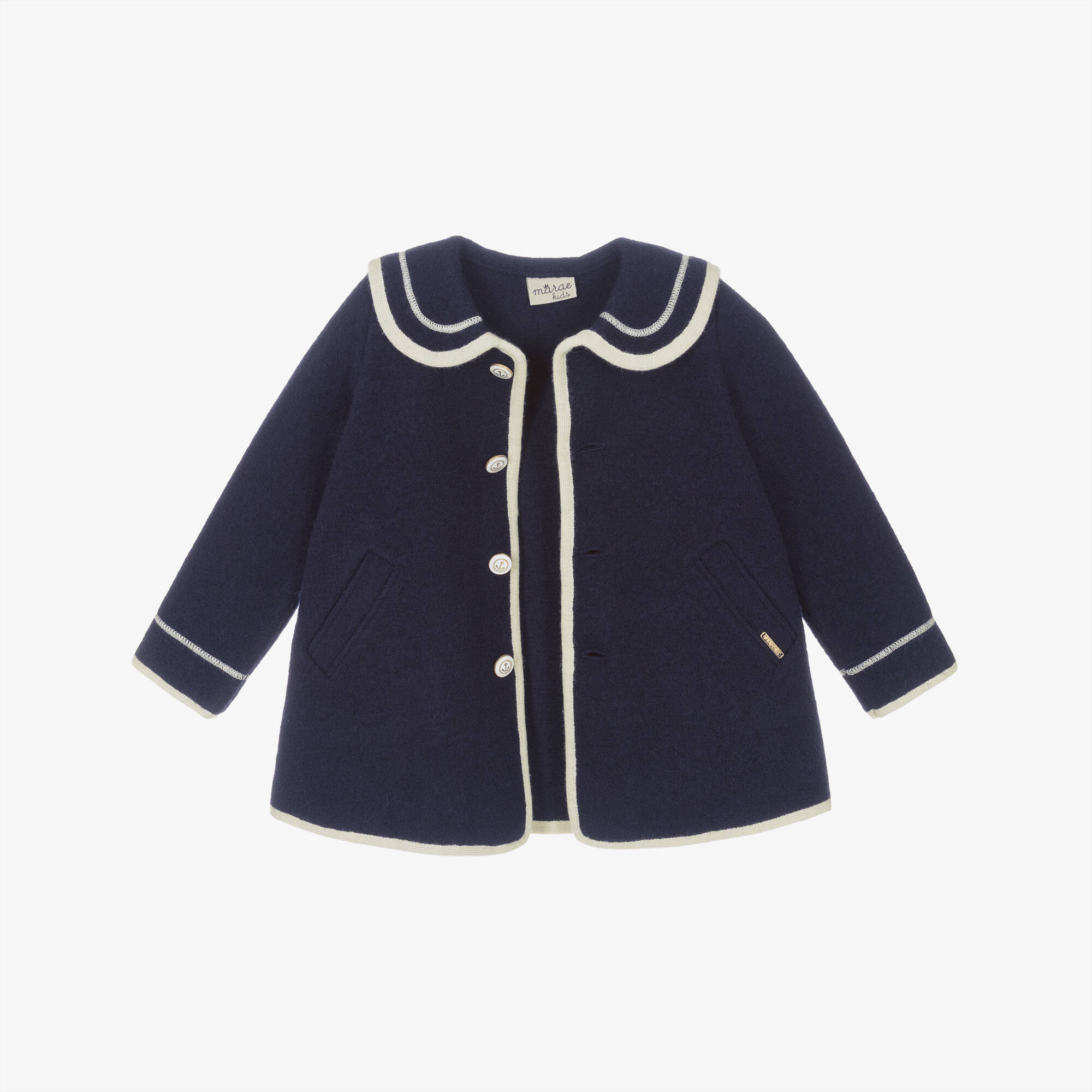 Marae Kids - Girls Navy Blue Merino Wool Coat with Ivory Trim ...