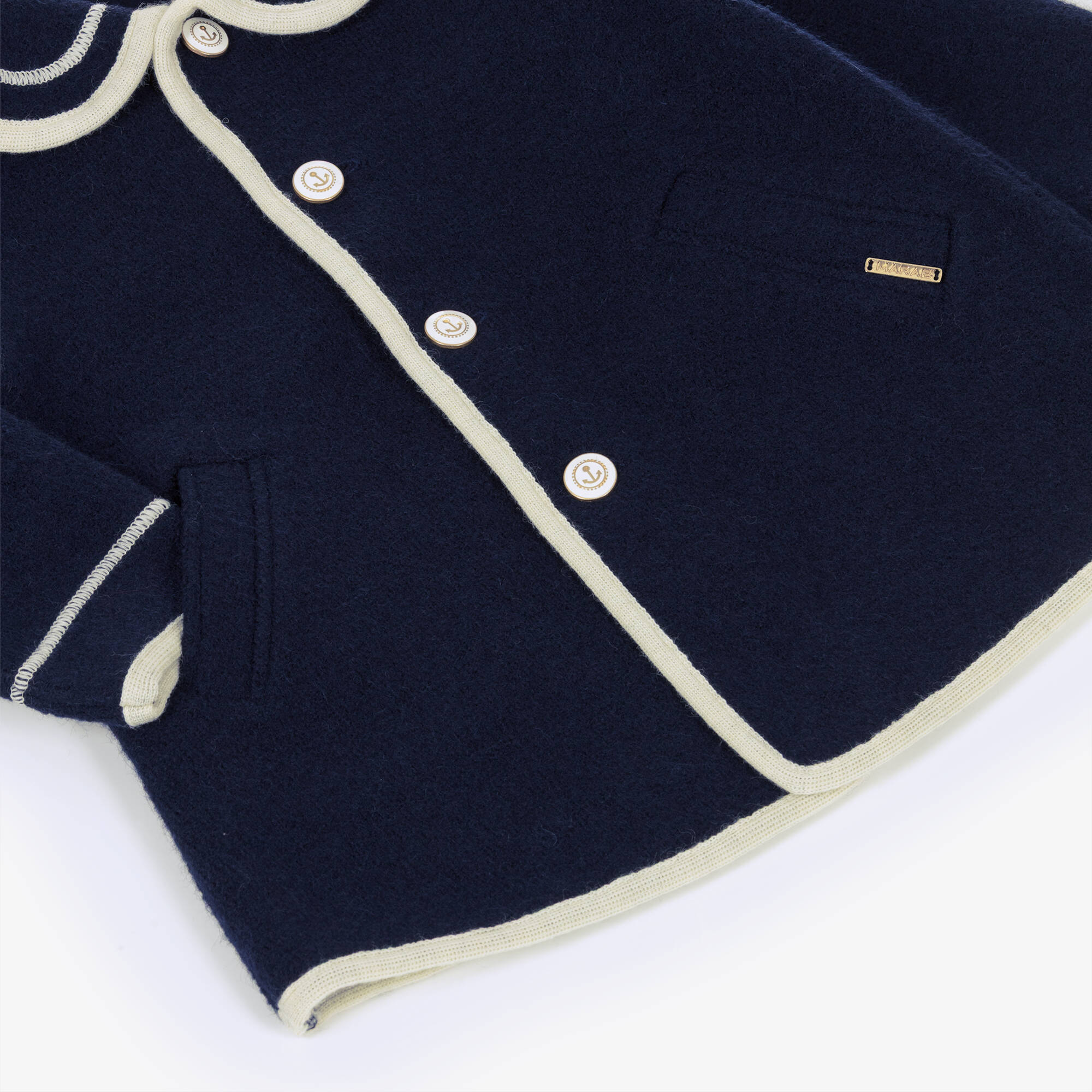 Marae Kids - Girls Navy Blue Merino Wool Coat with Ivory Trim ...