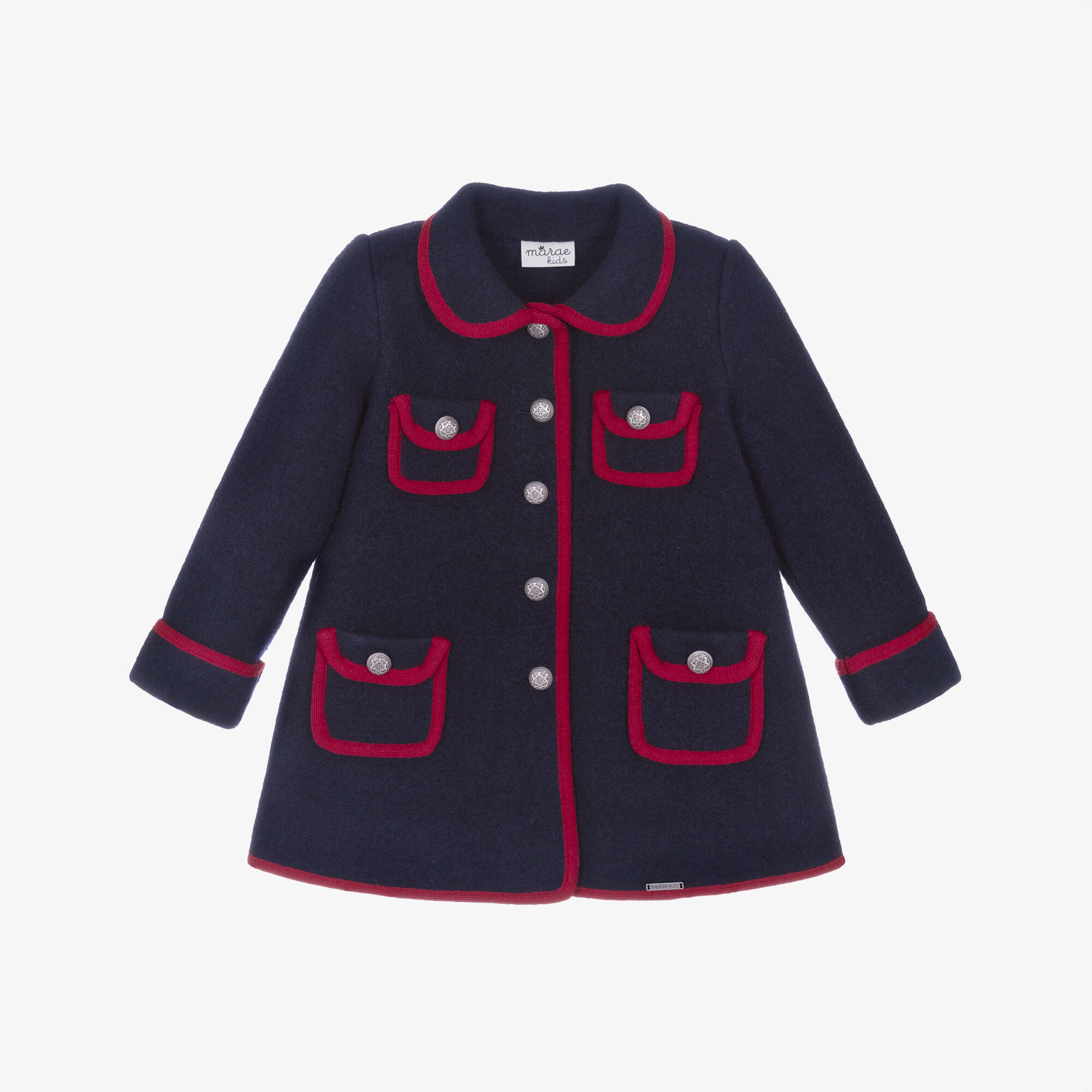 Marae Kids - Girls Navy Blue & Red Merino Wool Coat | Childrensalon