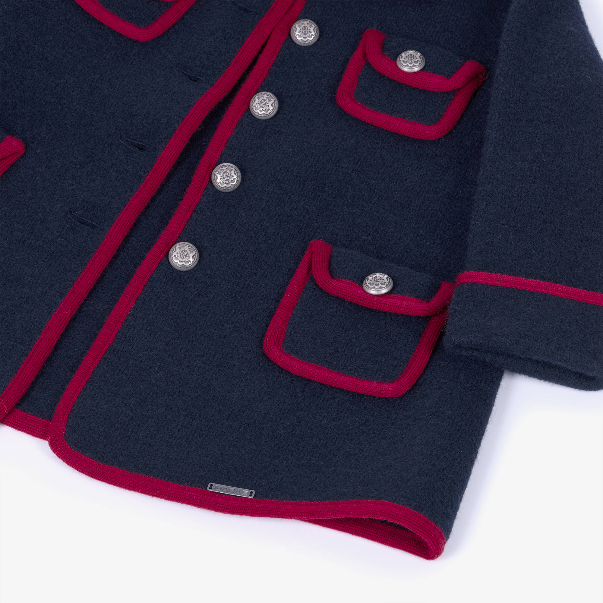 Marae Kids - Girls Navy Blue & Red Merino Wool Coat | Childrensalon