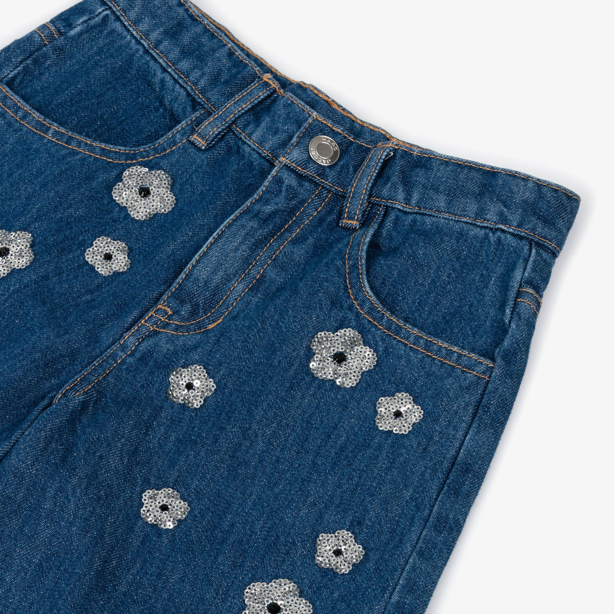 MARC JACOBS - Girls Blue Denim Sequinned Daisy Shorts | Childrensalon