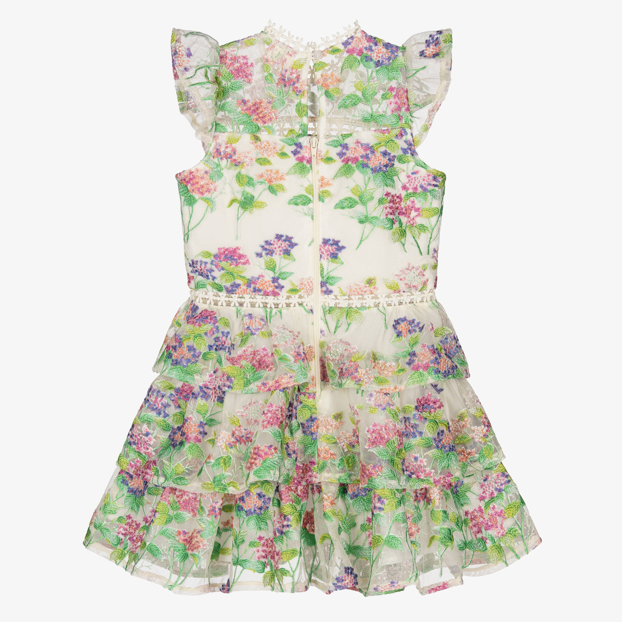 Marlo Kids - Girls Green & Pink Embroidered Floral Tulle Dress ...