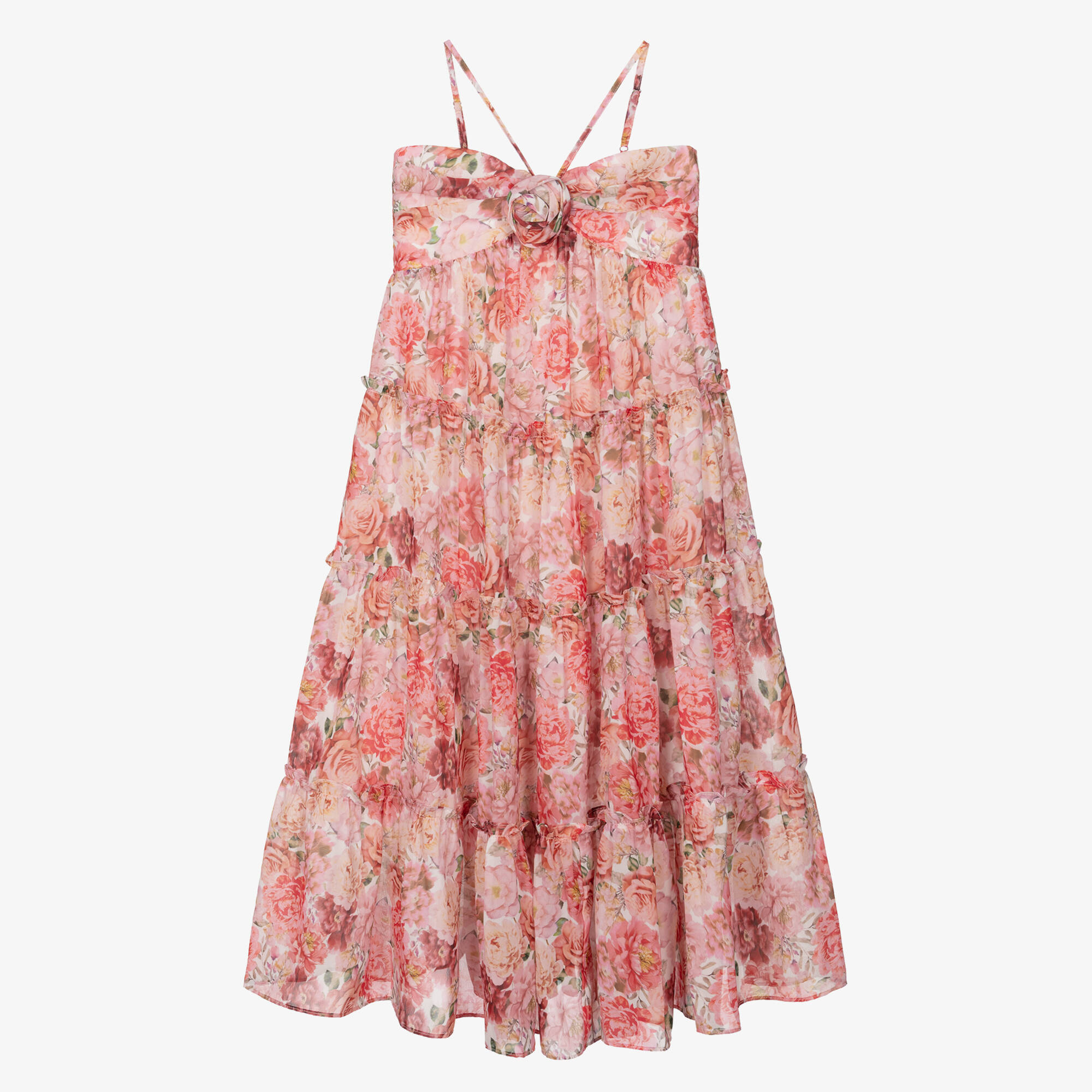 Marlo Kids - Girls Red & Pink Floral Silk Chiffon Maxi Dress ...