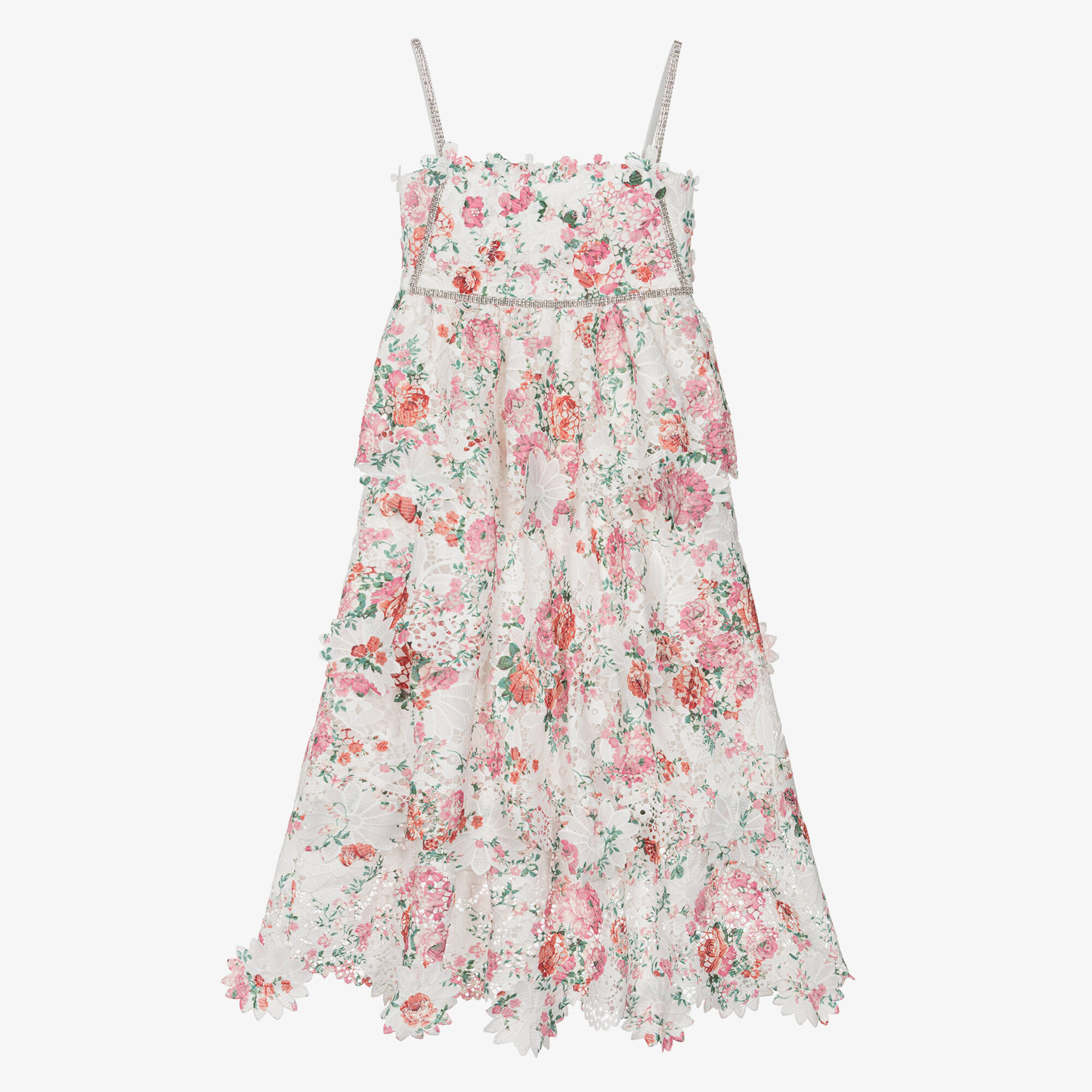 Marlo Kids - Girls White Tiered Lace Maxi Dress with Pink Floral ...
