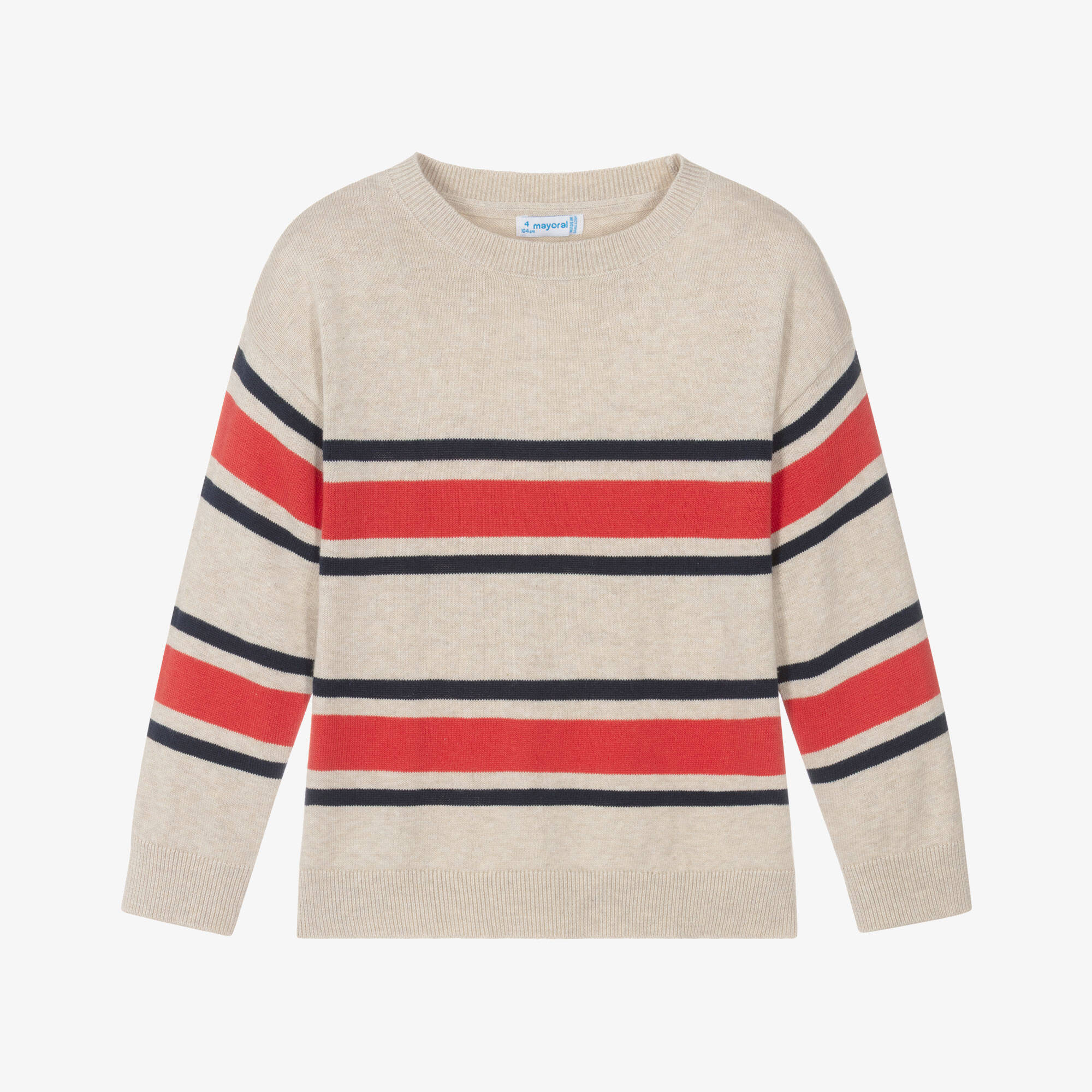 Mayoral - Boys Beige Cotton Knit Jumper with Red & Blue Stripes ...