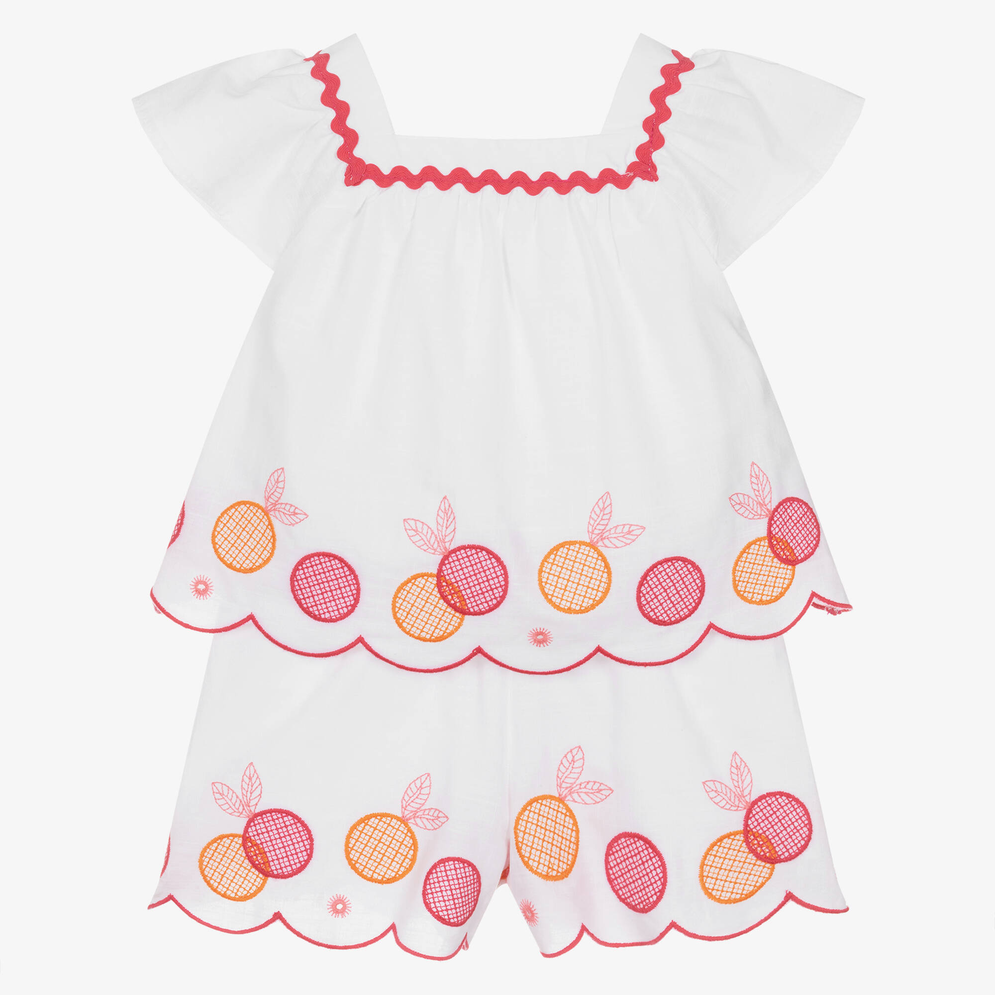 Mayoral - Girls White Cotton Shorts Set with Embroidered Fruits ...