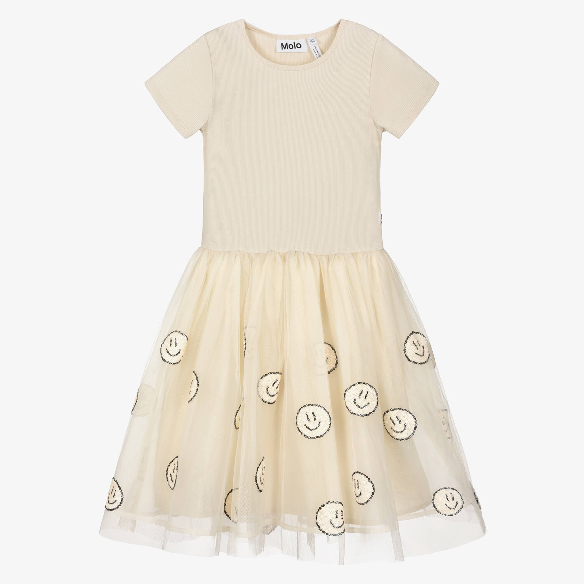 Molo - Girls Beige Dress with Sequin Faces | Childrensalon