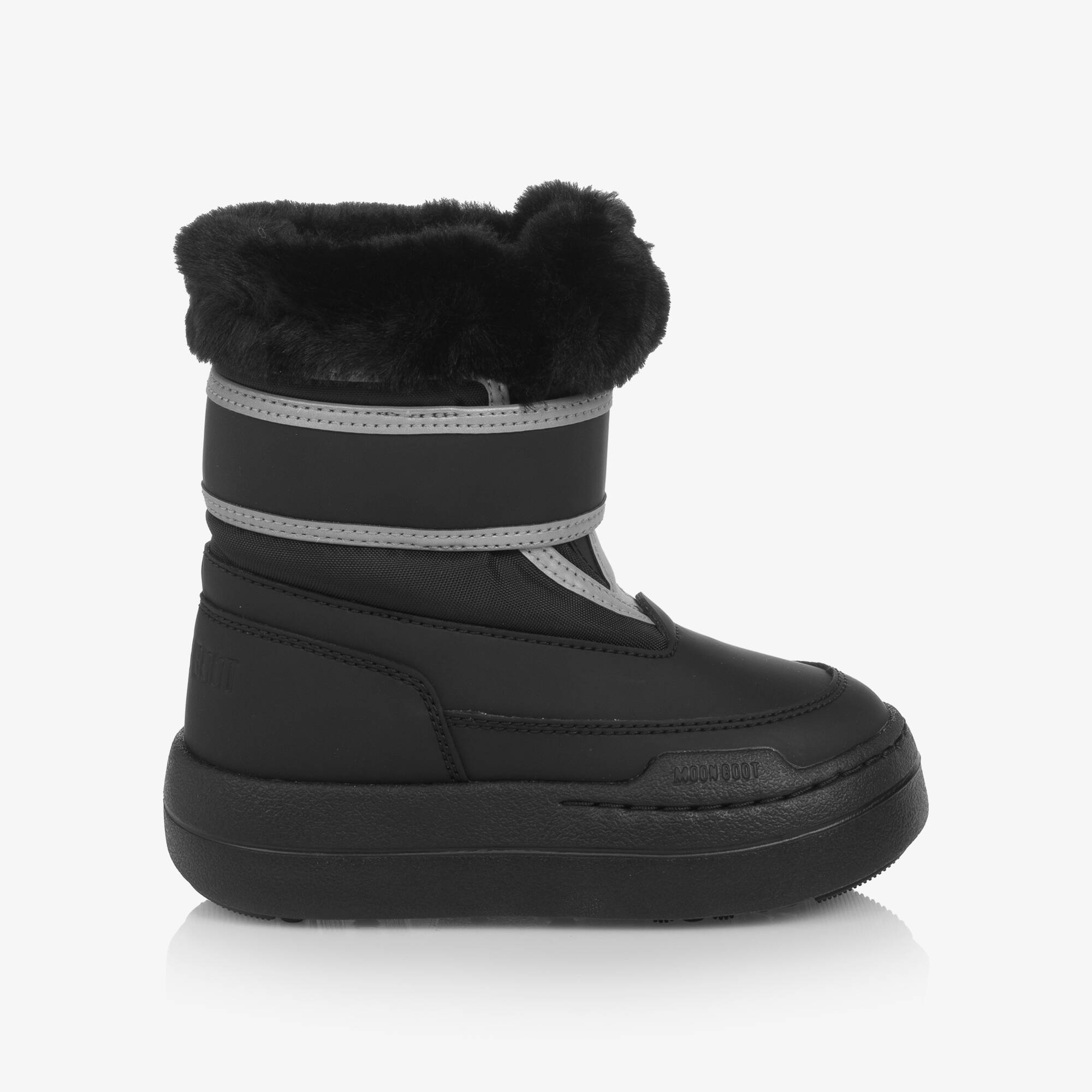 Moon Boot - Black Faux Fur Trim Velcro Boots | Childrensalon