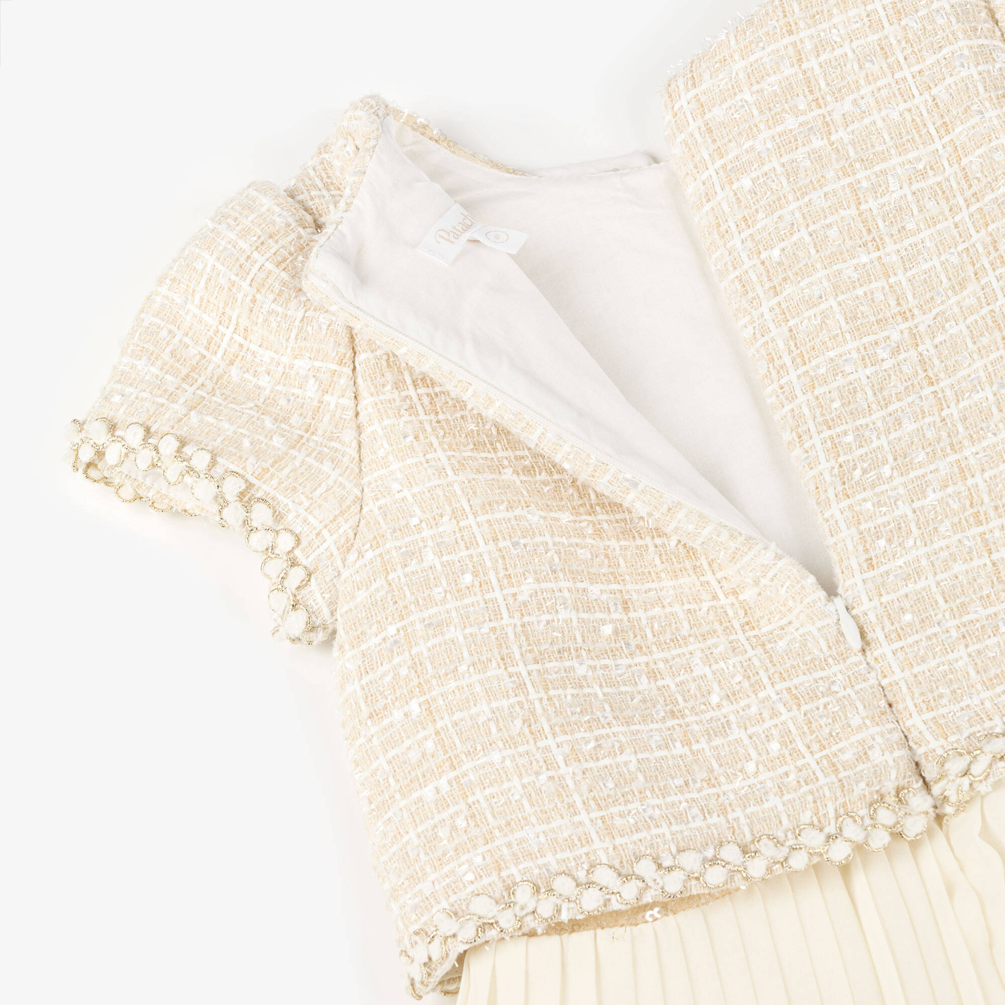 Patachou - Girls Ivory Tweed Pleated Jumpsuit with Sequins | Childrensalon