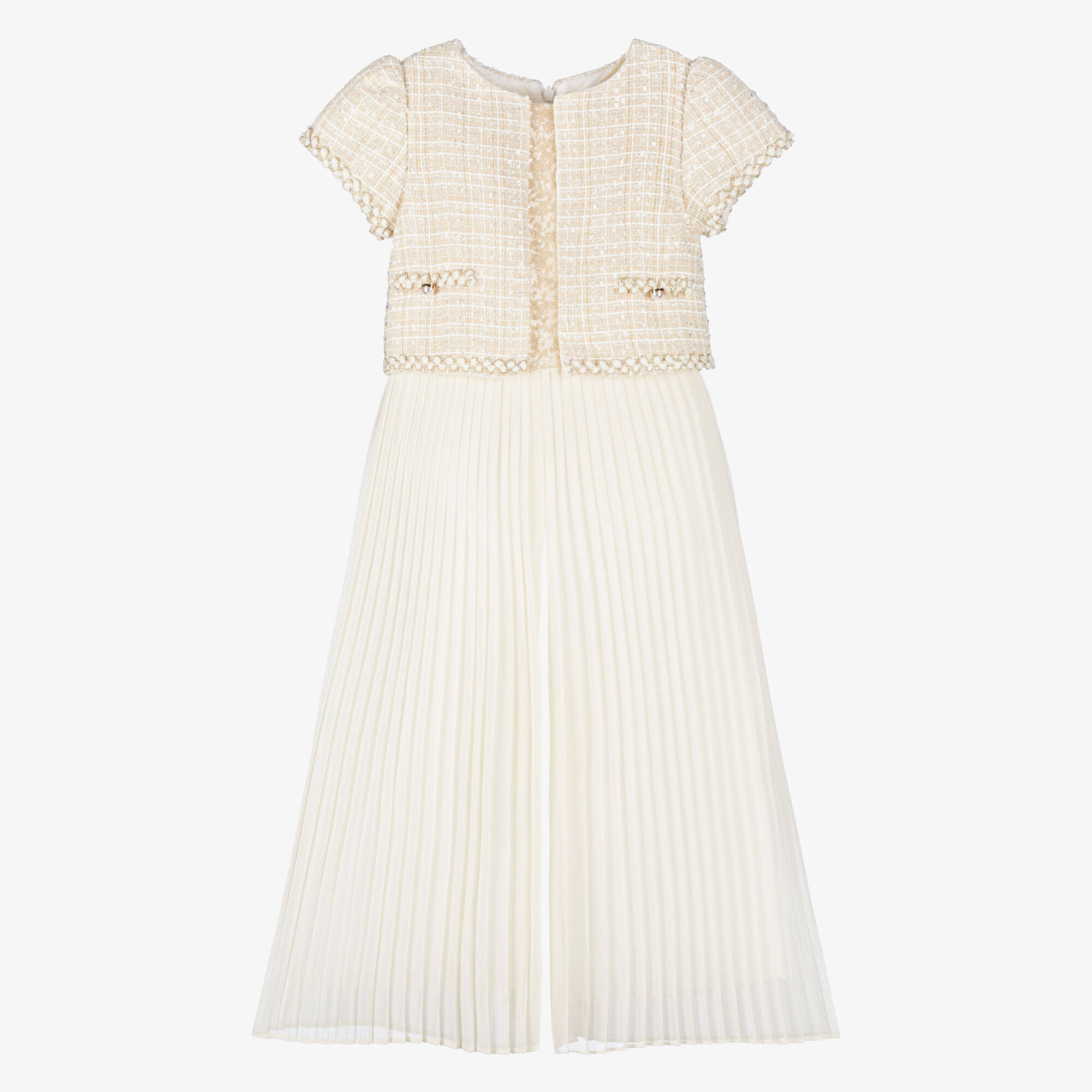 Patachou - Girls Ivory Tweed Pleated Jumpsuit with Sequins | Childrensalon